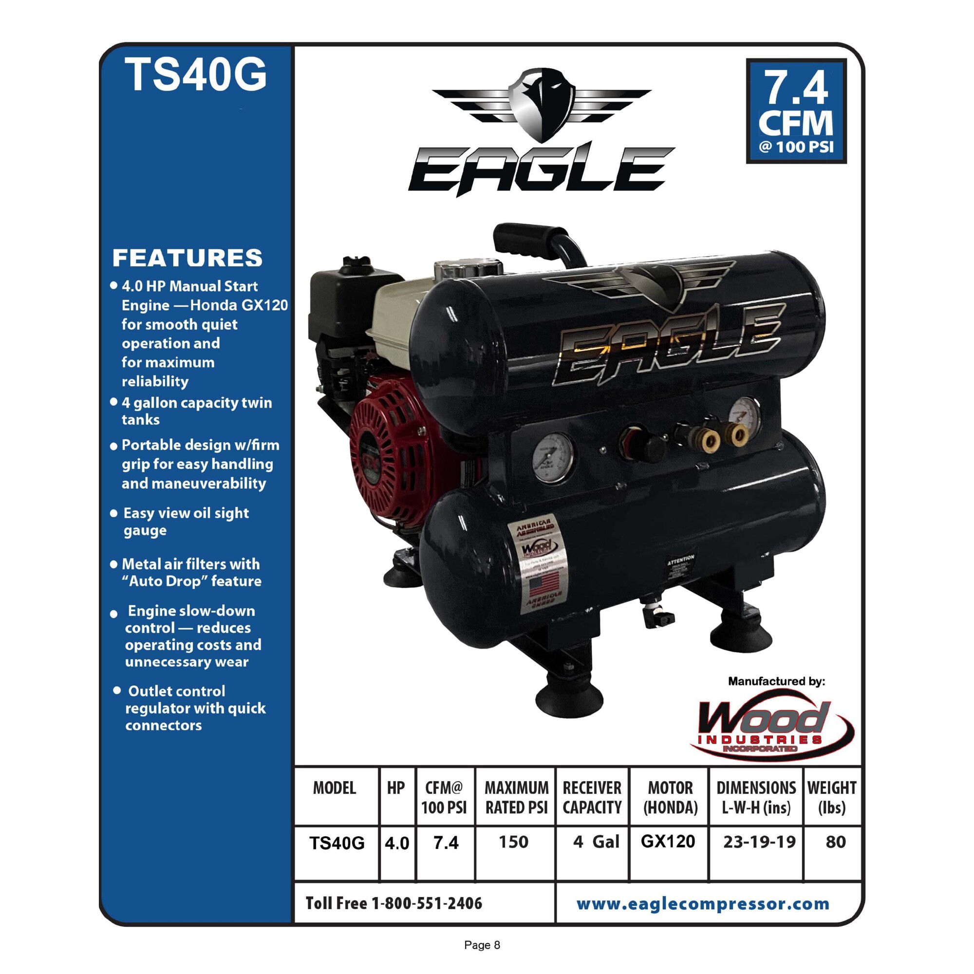 EAGLE, 4 Gallon Manual Start Portable Compressor, Horsepower 4 HP, Air Tank Size 4 Gal, Model ...