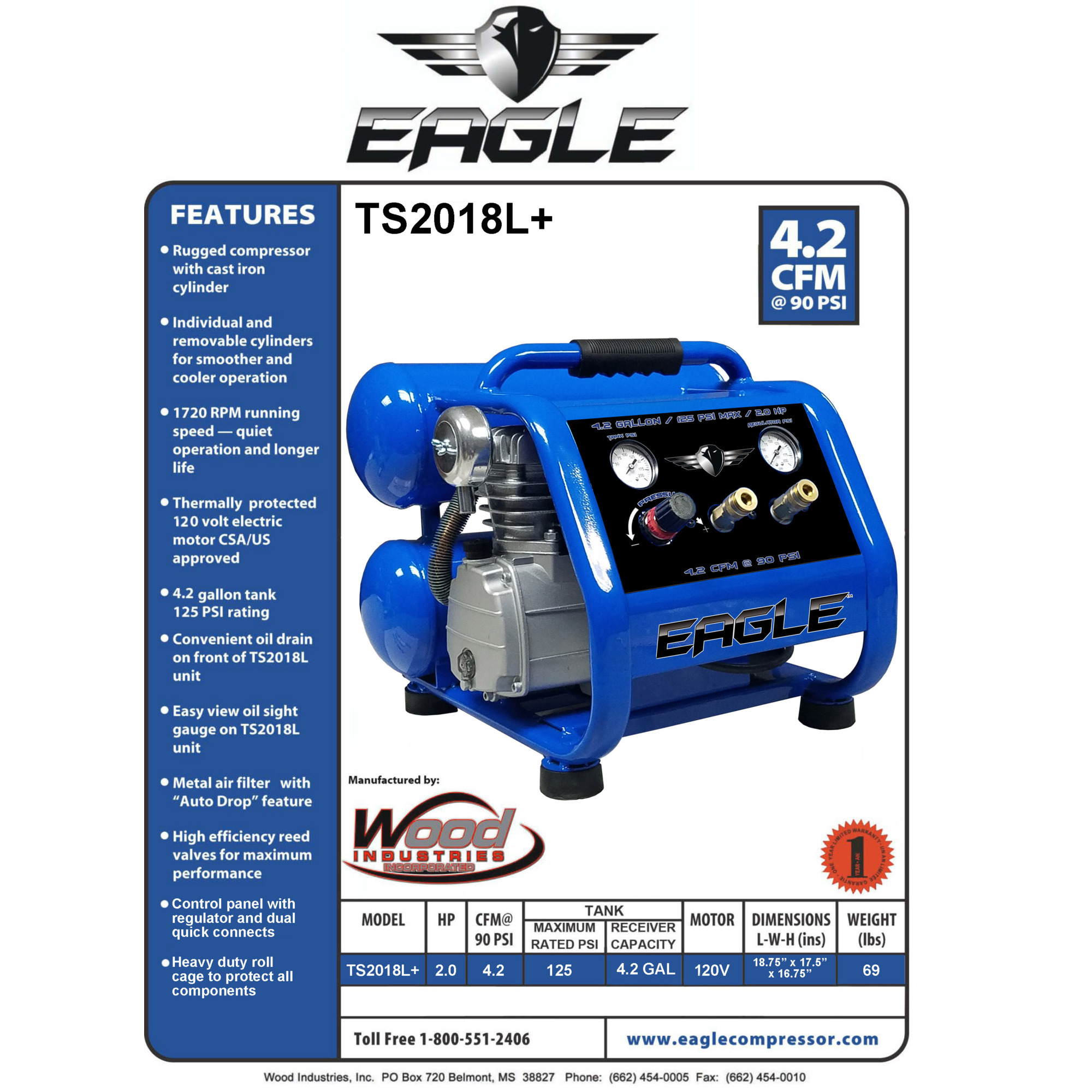 EAGLE, 4.2 Gallon Hand Carry Compressor, Horsepower 2 HP, Air Tank Size ...