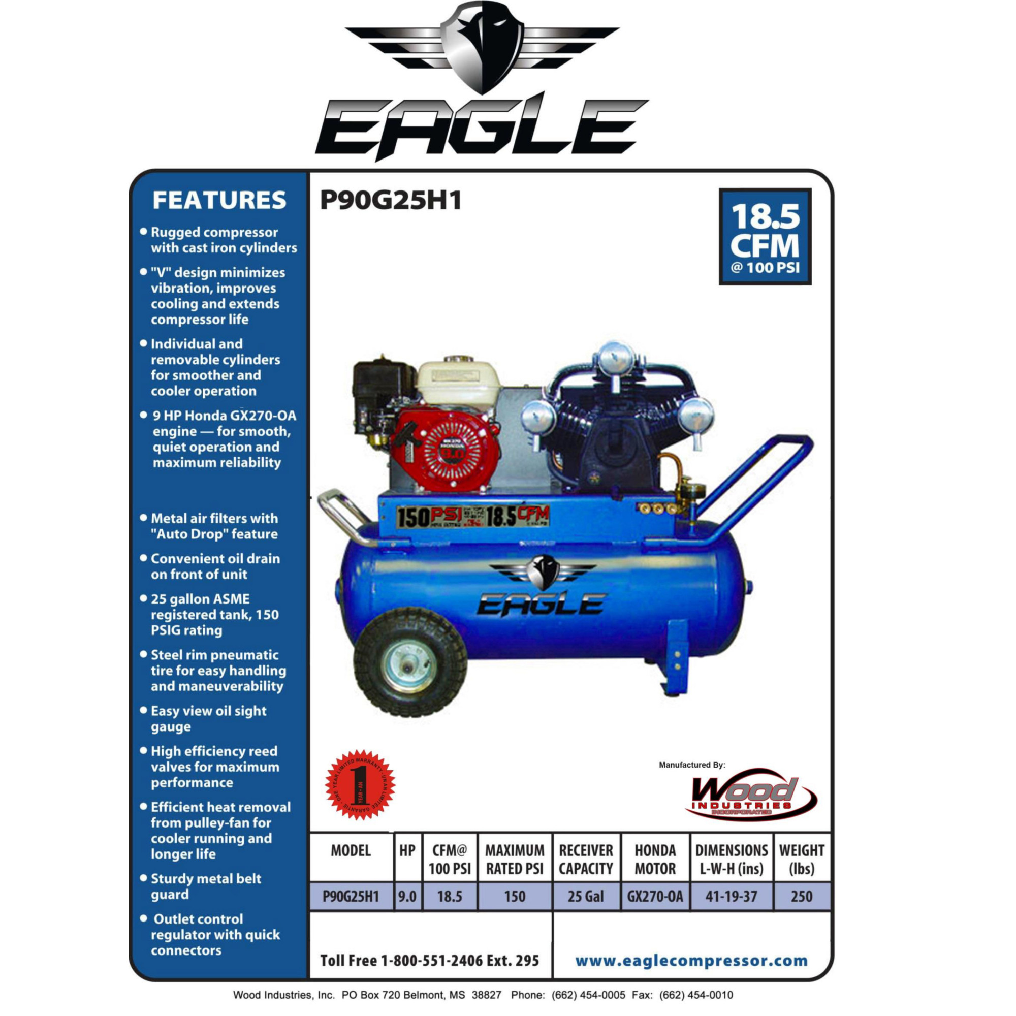 EAGLE, 25 Gallon 18.5 CFM Air Compressor, Horsepower 9 HP, Air Tank ...