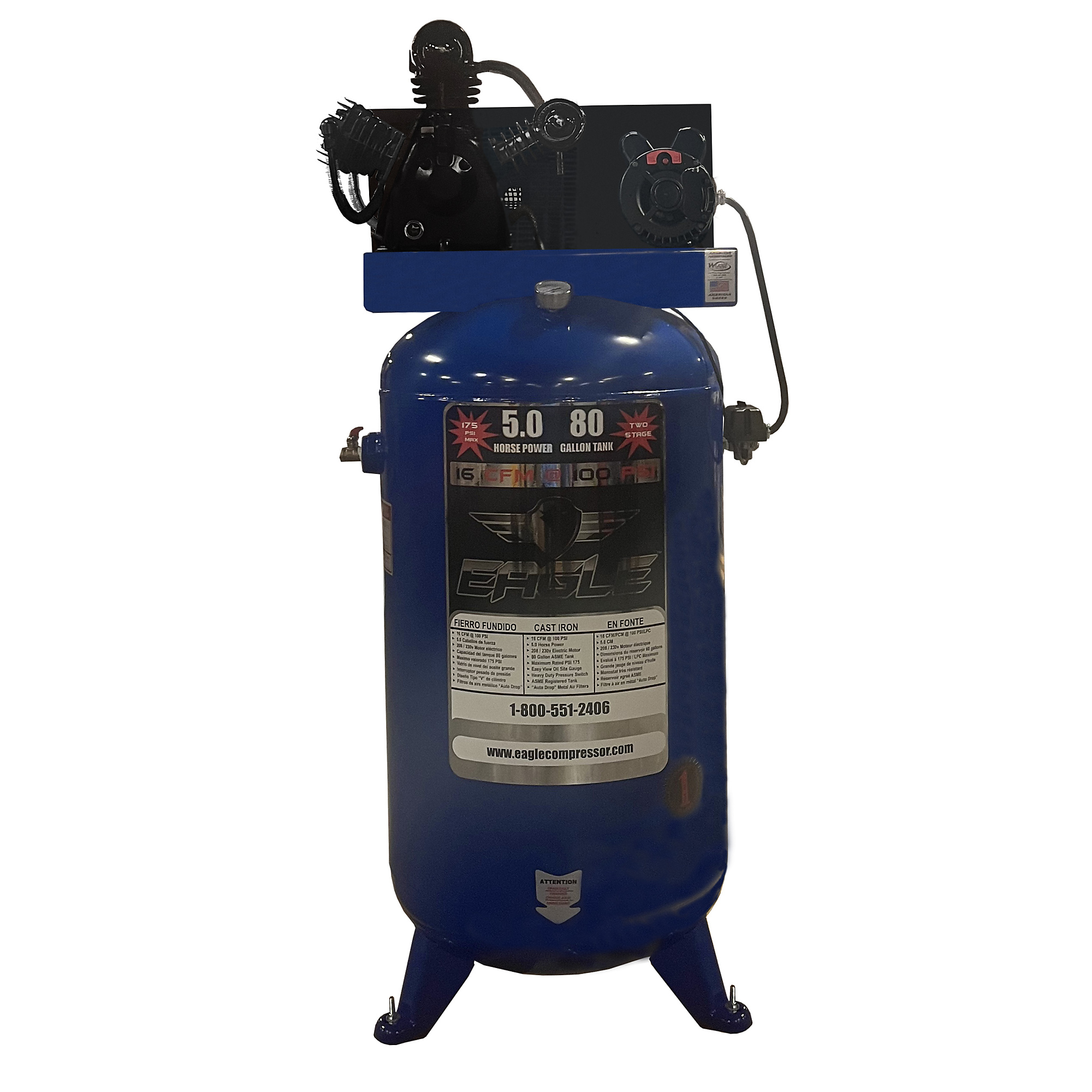 EAGLE, 80 Gallon 2 Stage Air Compressor, Horsepower 5 HP, Air Tank Size ...