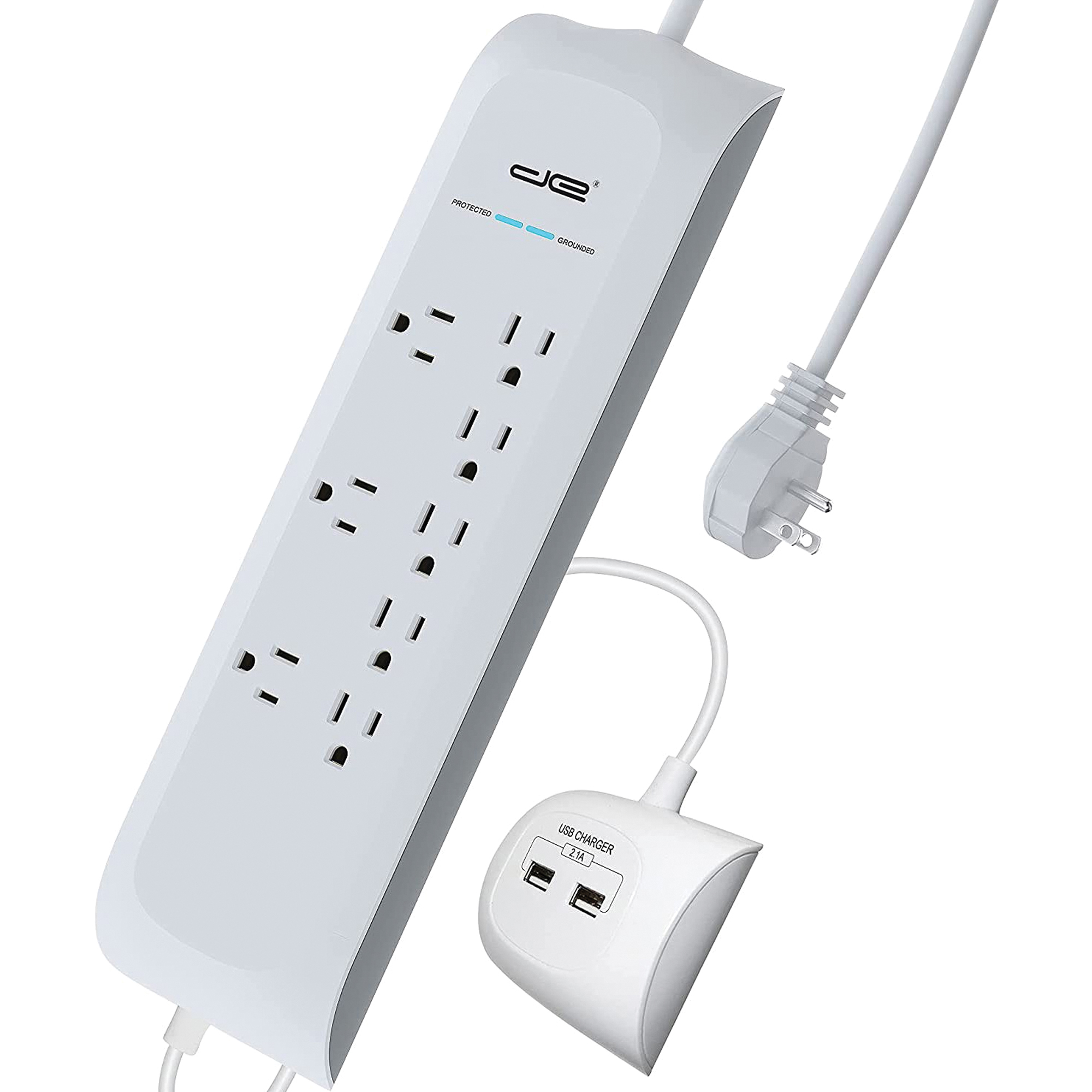 Digital Energy, 8-Outlet Surge Protector with 2 USB Ports, White, Cord ...