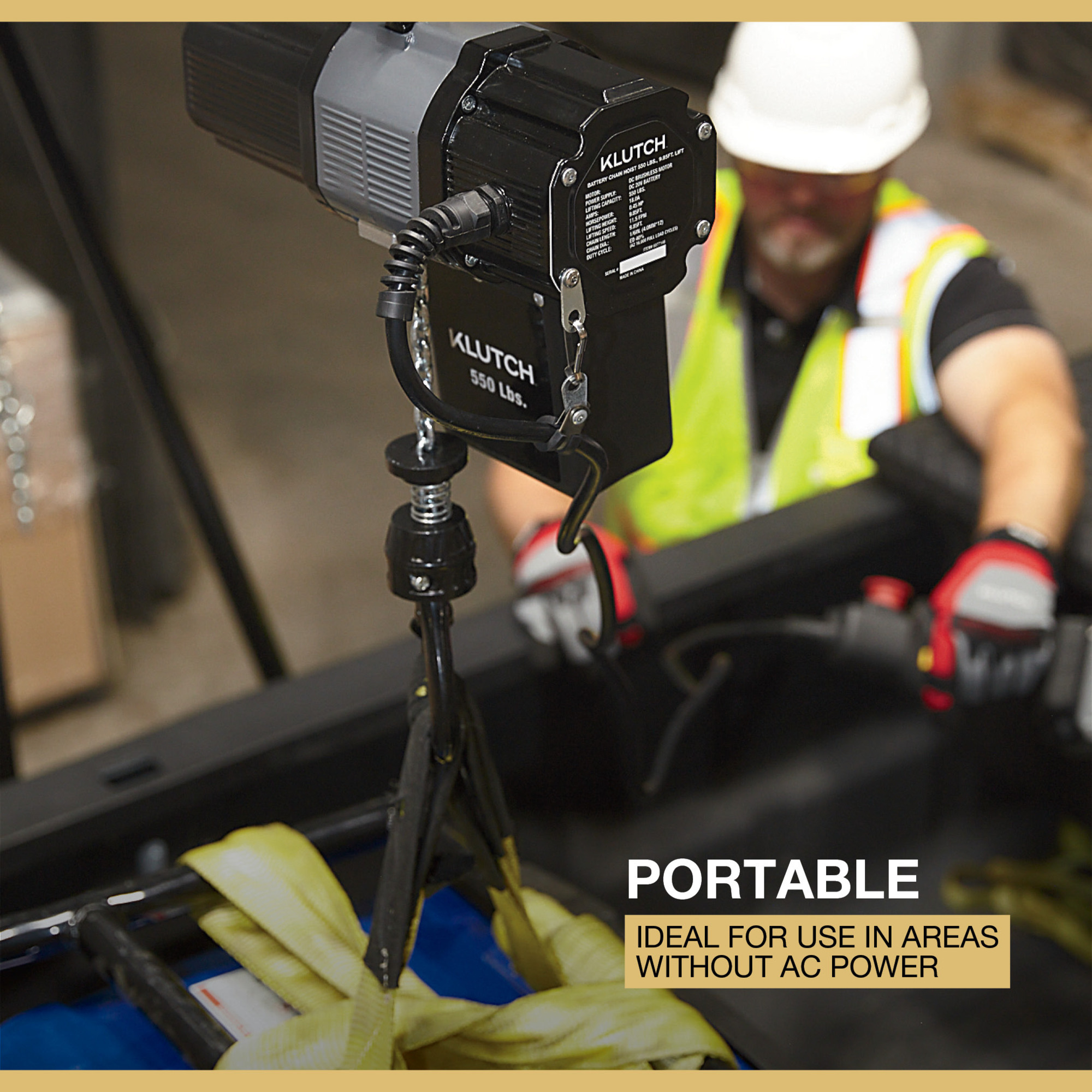 Klutch Chain Hoist Kit, KLiQ 20V, Battery-Powered, 500-Lb. Capacity, 9 ...