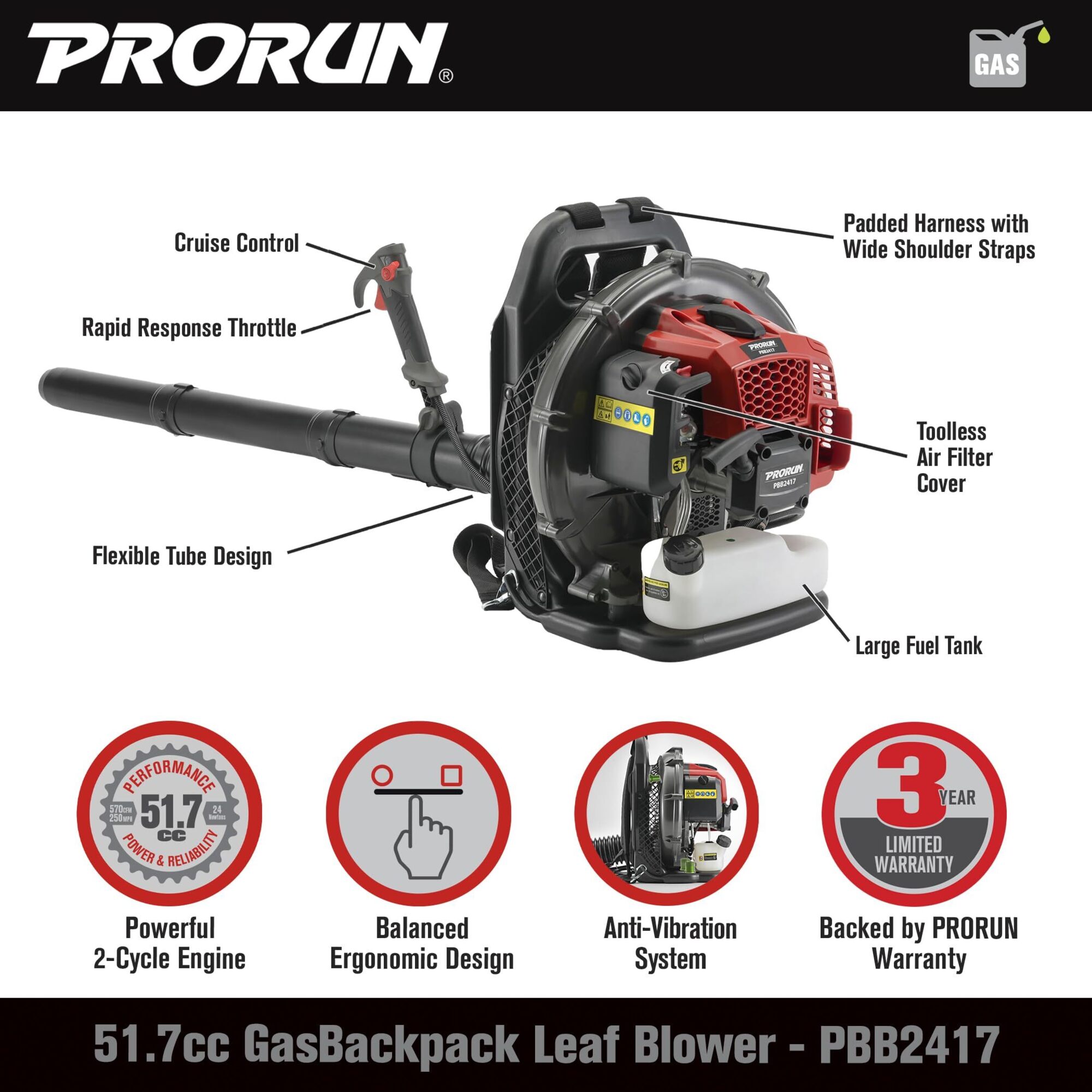 PRORUN, 51.7cc 570 CFM 2-Cycle Backpack Blower, Model# PBB2417 ...