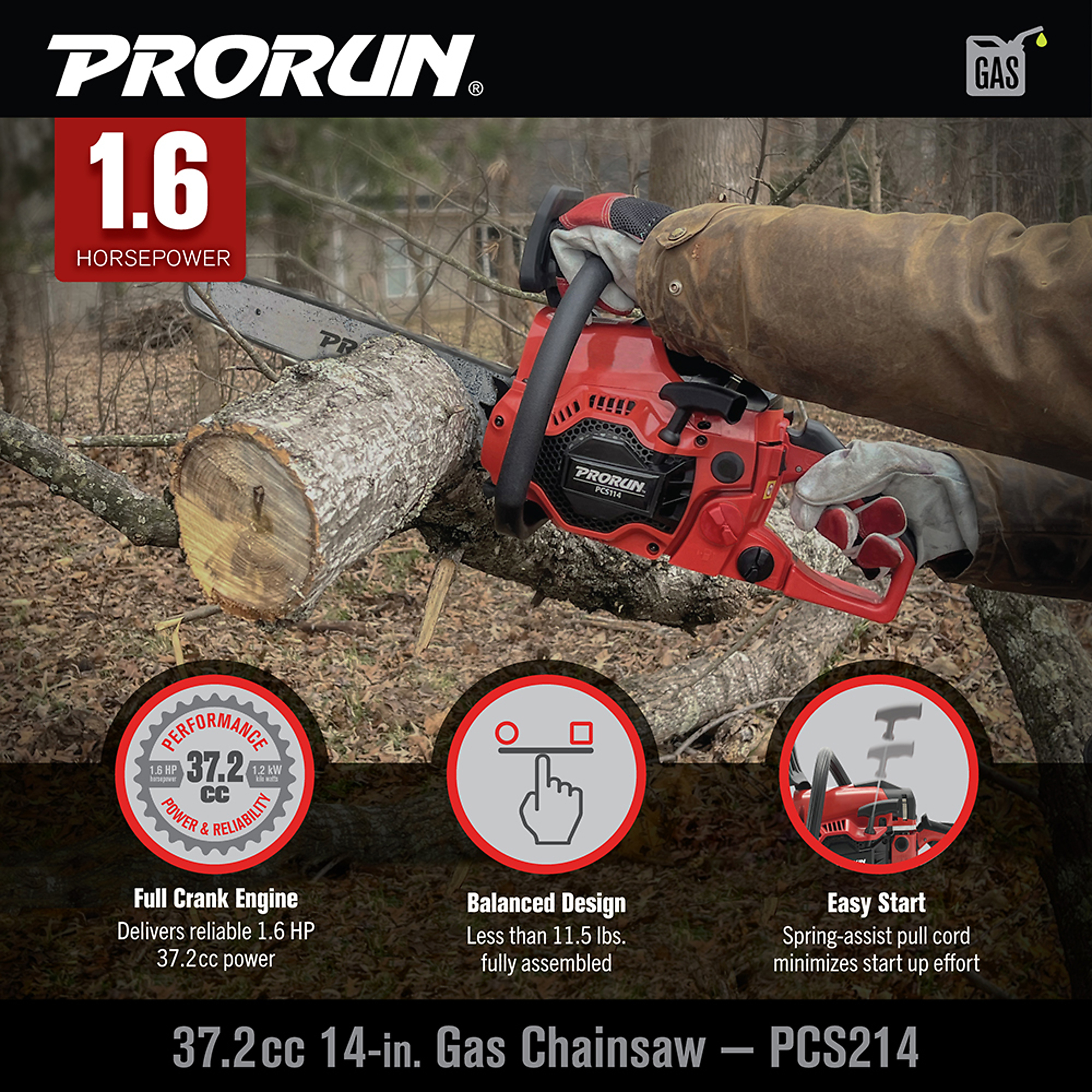 PRORUN, 37.2cc 14in. Gas-Powered 2-Cycle Chainsaw, Bar Length 14 in, Engine Displacement 37.2 cc ...