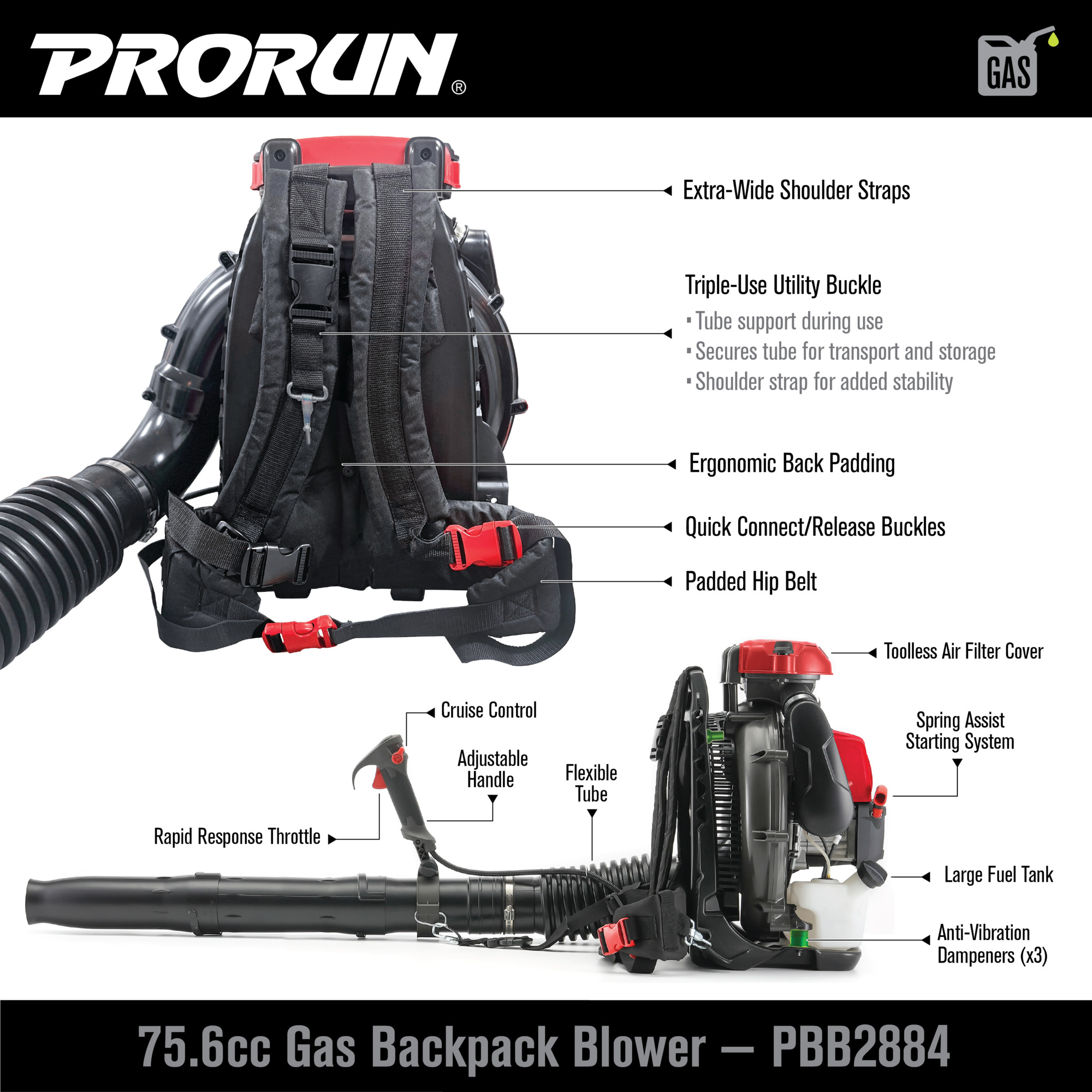 PRORUN, 75.6cc 1020 CFM 2-Cycle Backpack Blower, Model# PBB2884 ...