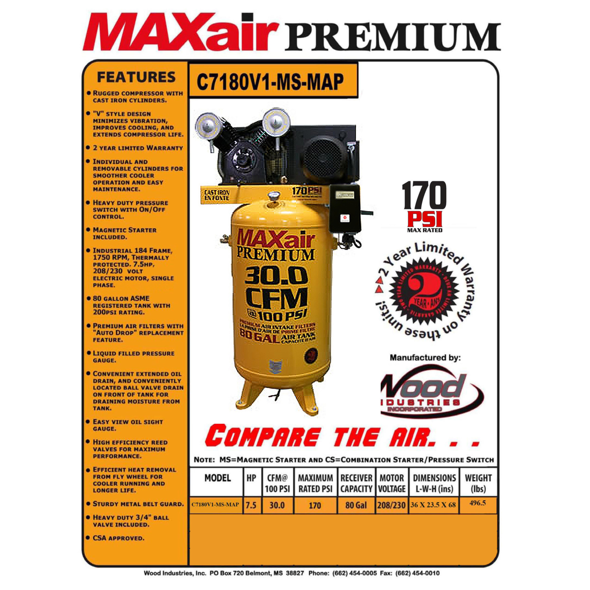 MAXair, 30 CFM 80 Gallon Premium Air Compressor, Horsepower 7.5 HP, Air ...