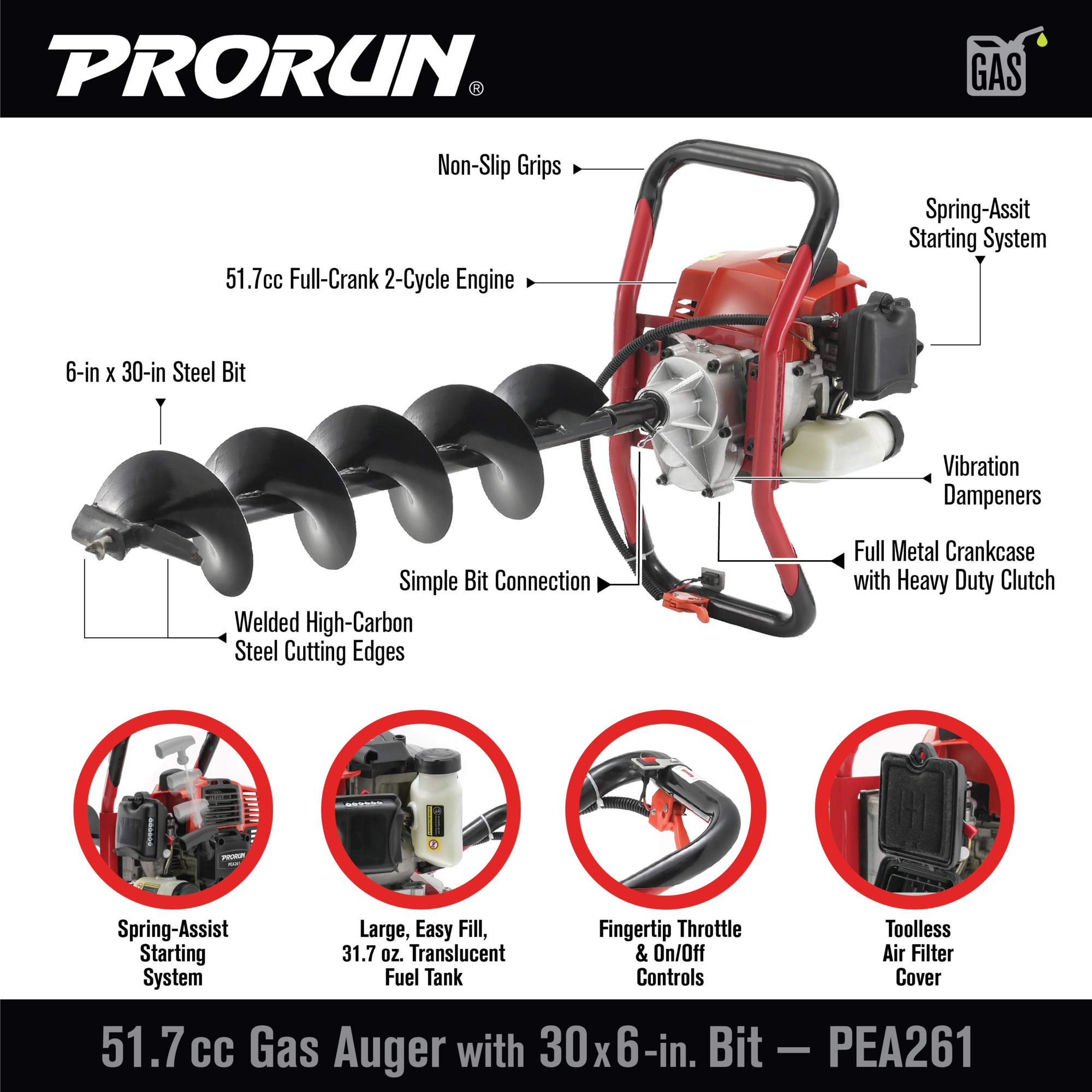 PRORUN, 51.7cc Gas 2-Cycle Earth Auger with 6x30 Bit, Auger Bit ...