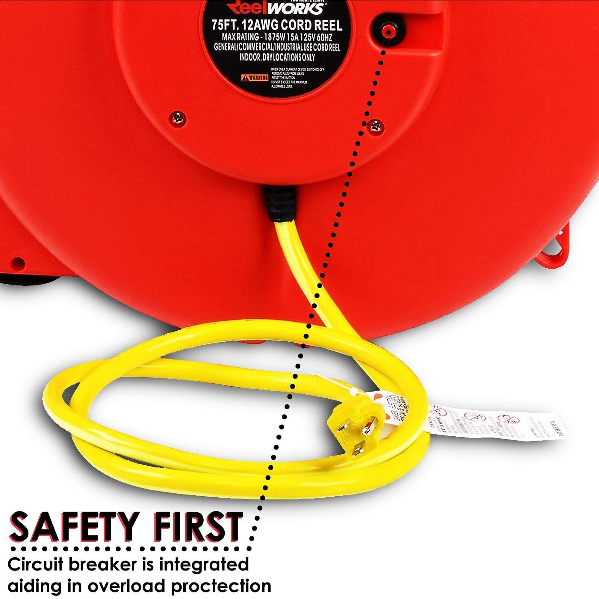 ReelWorks, Extension Cord Reel 12AWG x 80ft., Length 80 ft, Cable Gauge ...