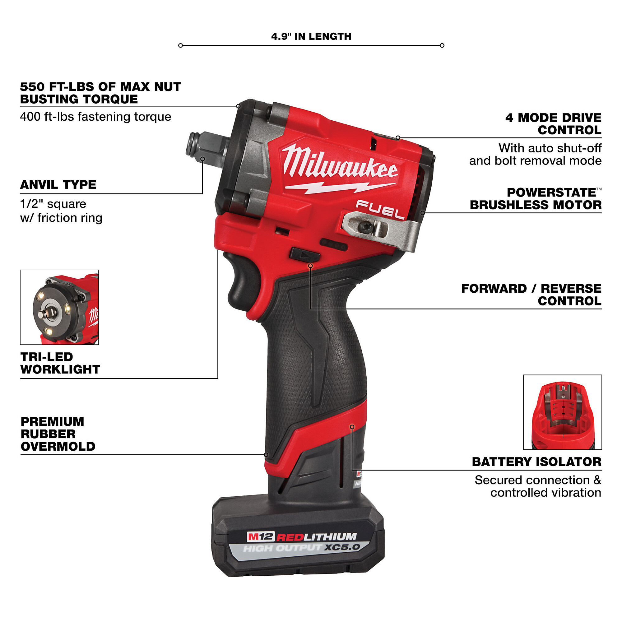 Milwaukee FUEL™, M12 FUEL Stubby 1/2in. Impact Wrench Kit, Drive Size 1 ...
