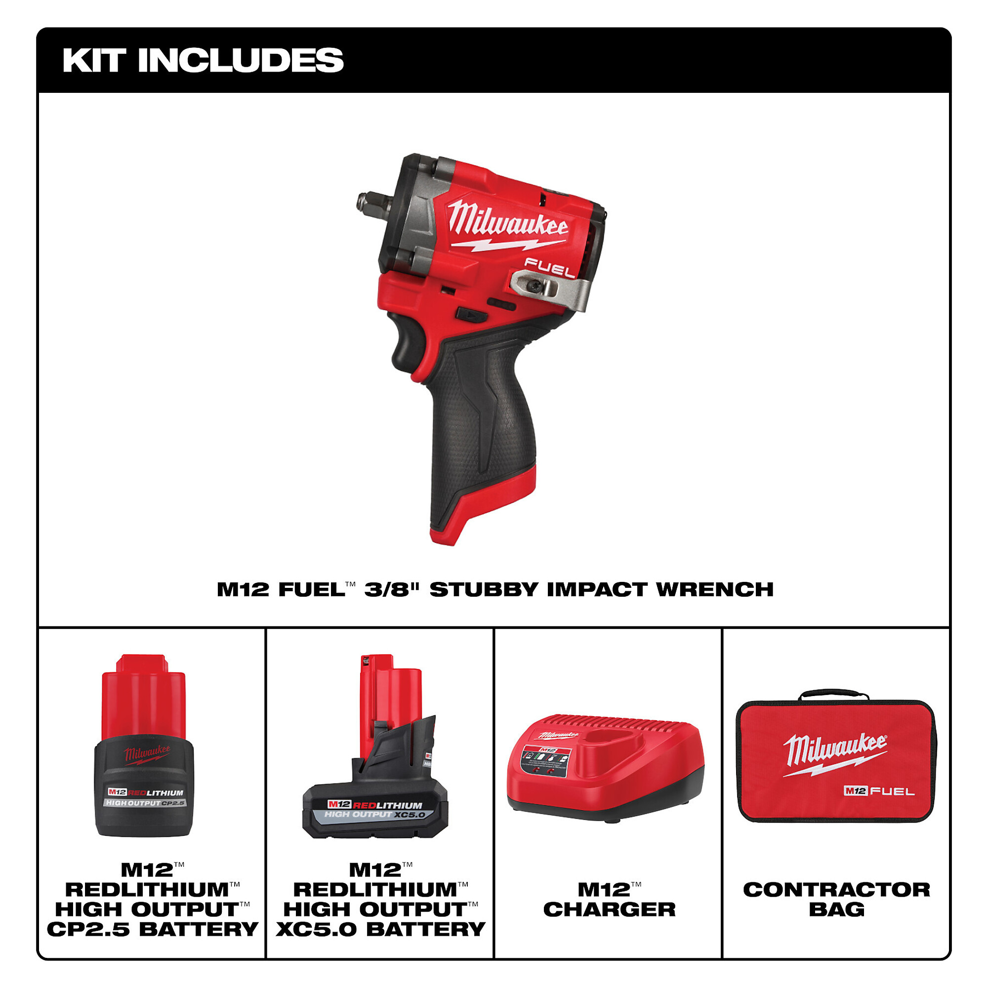 Milwaukee M12 FUEL Stubby 3/8in. Impact Wrench Kit, Drive Size 3/8in ...