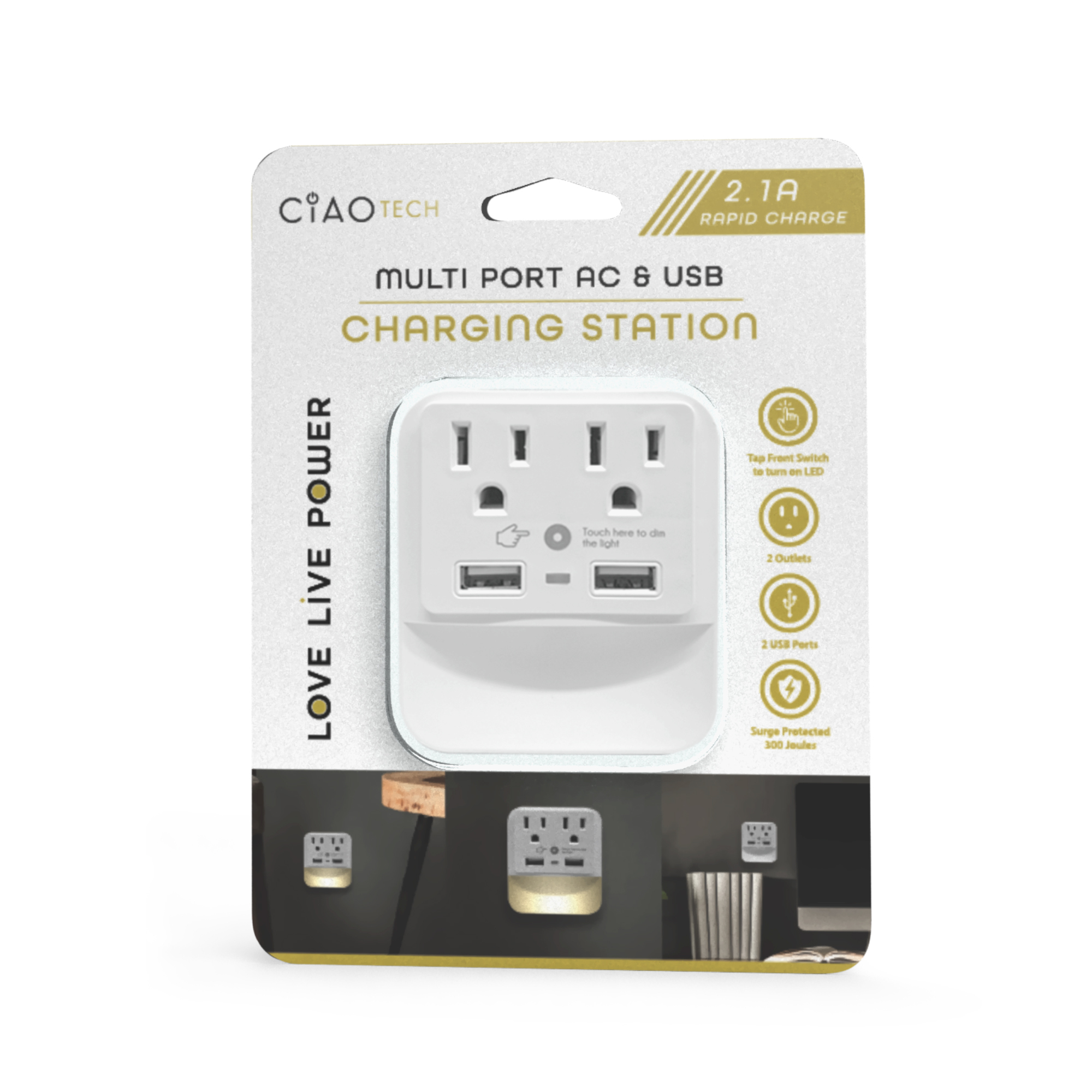 Lifeware, CIAO Tech 2 Outlet 2 USB with LED Light- White, Model ...