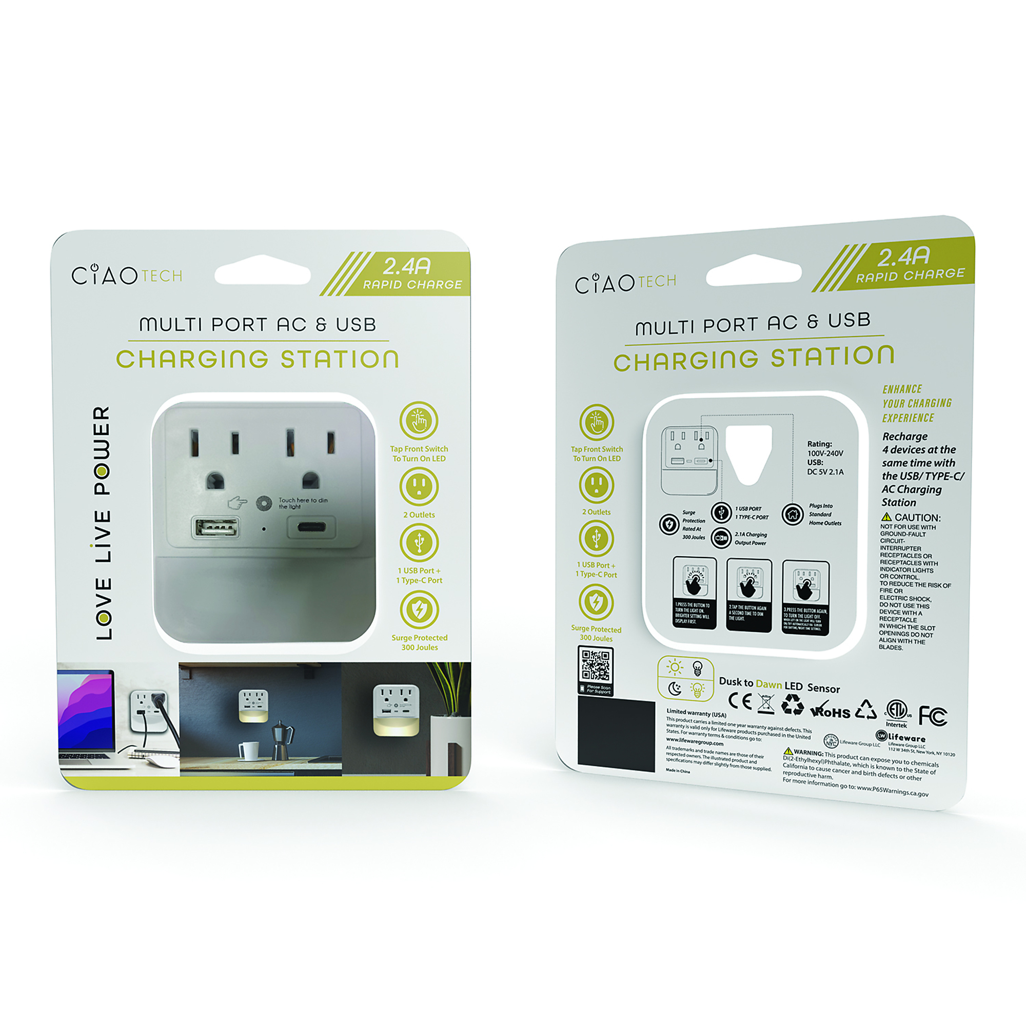 Lifeware, CIAO Tech 2 Outlet 1 USB 1 Type-C with LED, Model# CPATU00 ...