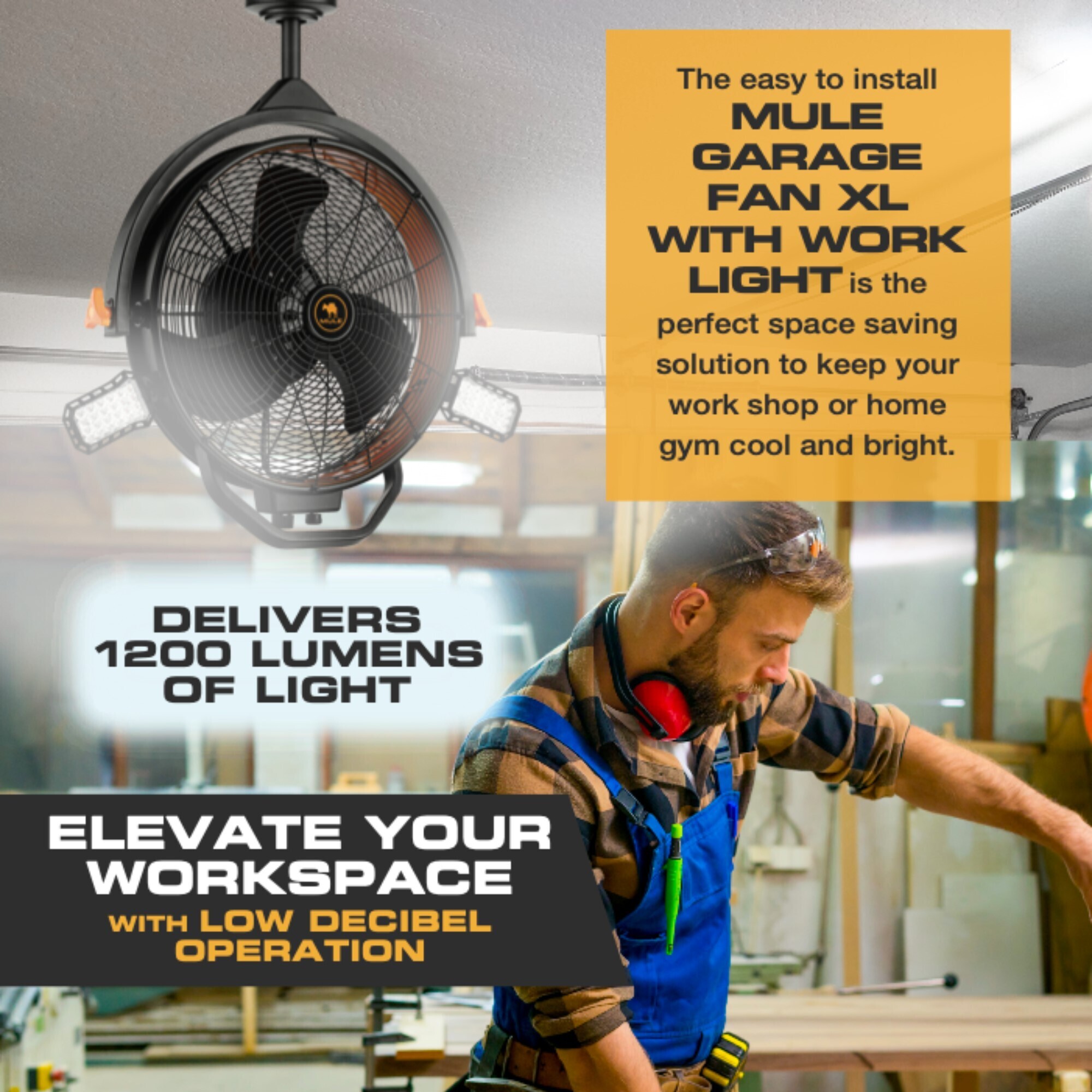 Mule Garage Ceiling Fan XL with Work Lights - 18in. Diameter, 5400 CFM ...
