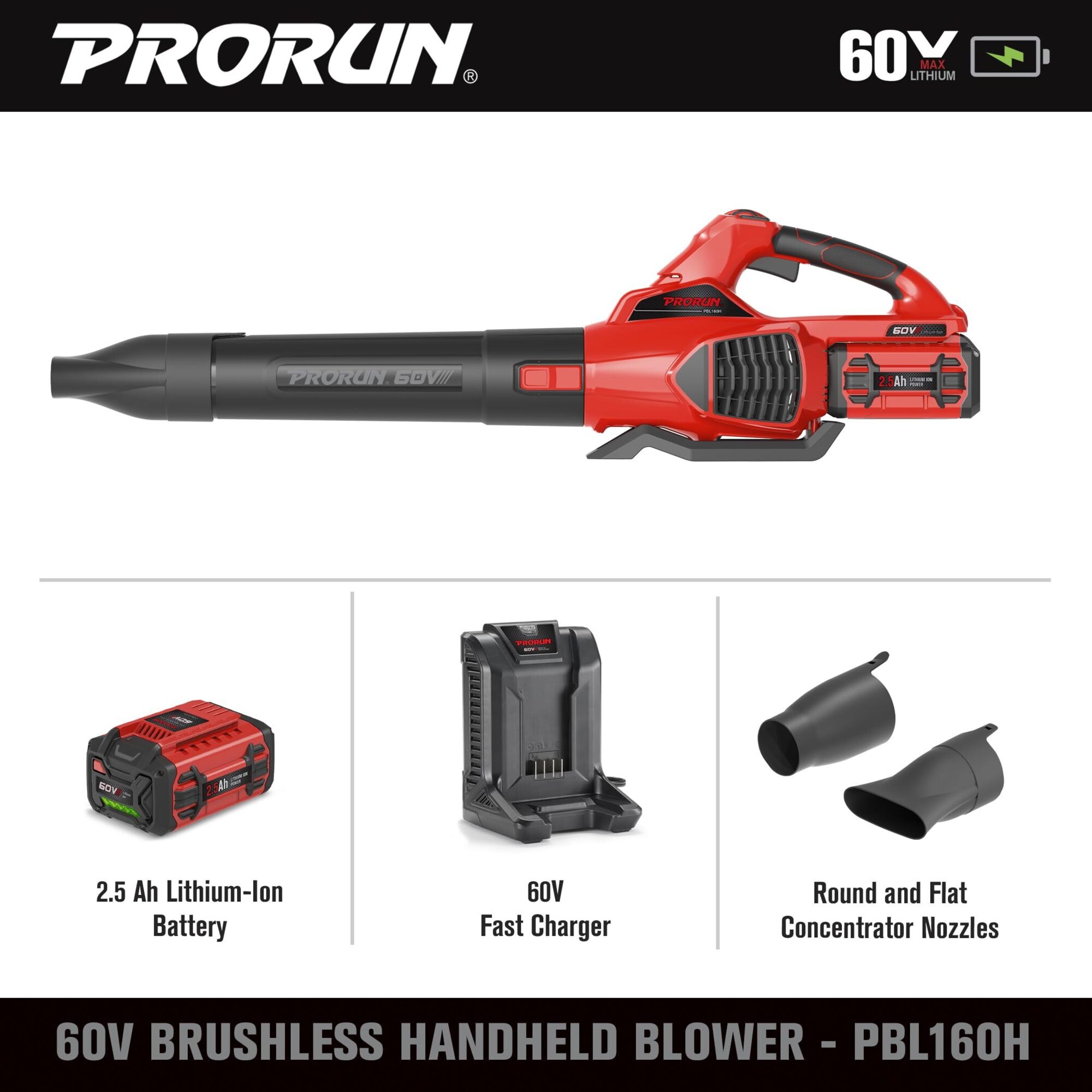 PRORUN, 60V 680 CFM Handheld Blower + Battery + Charger, Model# PBL160H ...