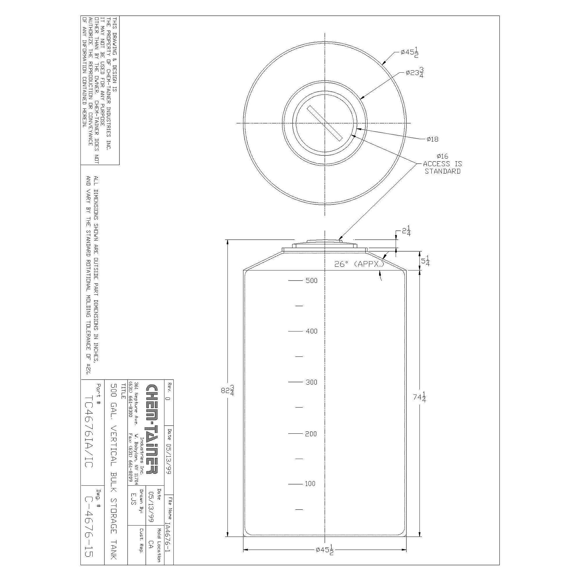 Chem-Tainer, 500 Gal. Black Vertical Water, Max. Capacity 500 Gal, Max ...