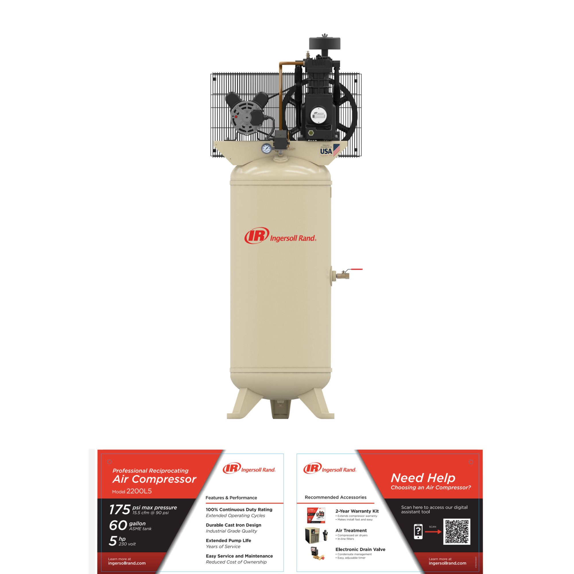 Ingersoll Rand 60-Gallon, 5 HP, 2-Stage Air Compressor, 230/1/60 Volts ...
