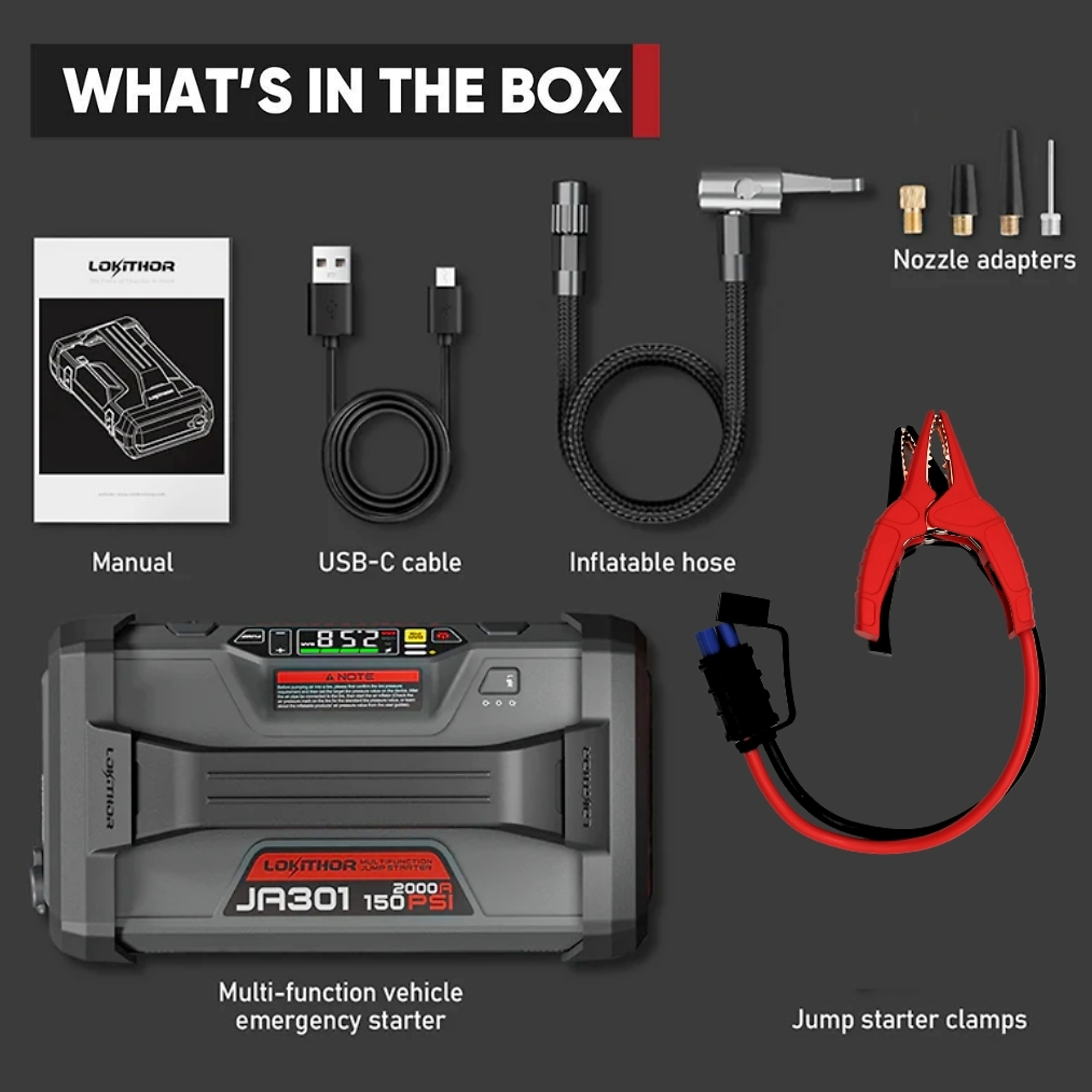 Lokithor, 2000 Amp Jump Starter and 150 PSI Air Compressor, Amps 2000 Volts 12 Watts 74 Model ...
