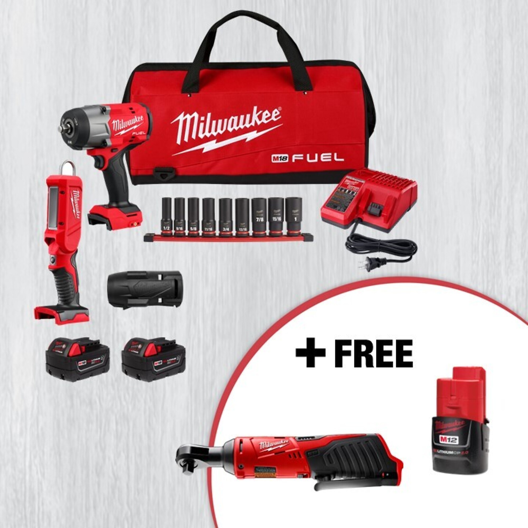 Milwaukee M18 FUEL High Torque Impact Wrench Kit with Stick Light and ...