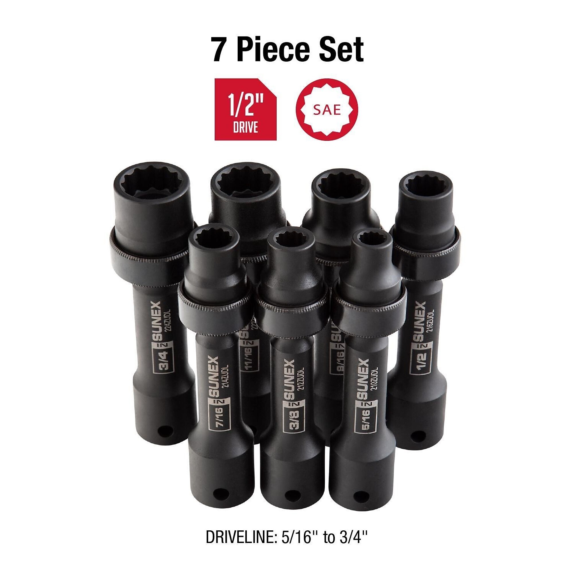 Sunex Tools, 1/2in. SAE 12 Pt Driveline Uni 7-Pc Impact Sockets, Pieces ...