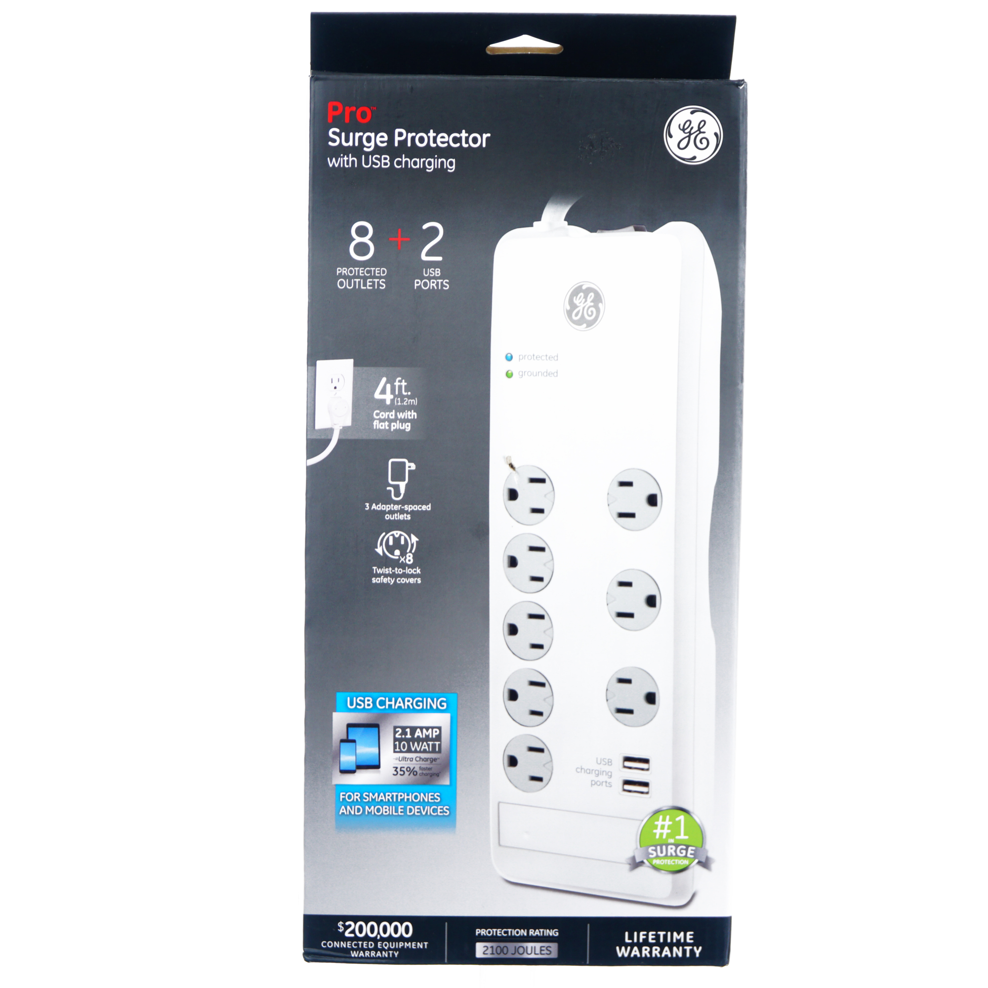 General Electric 8-Outlet 2.1 Amp Surge Protector, Model# 14049 ...