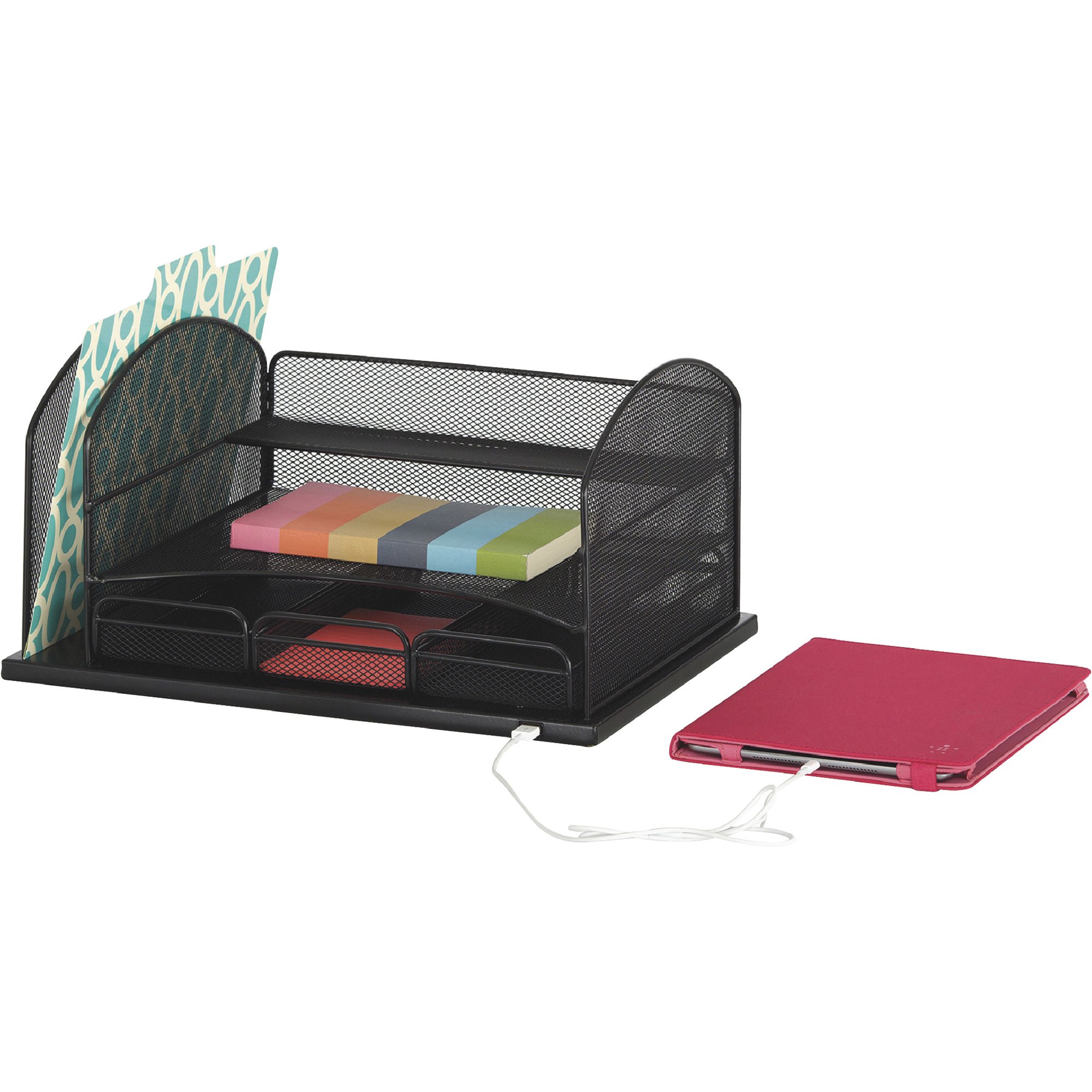 Safco Powered Onyx Desktop Organizer with 3 Drawers — Black, Model ...