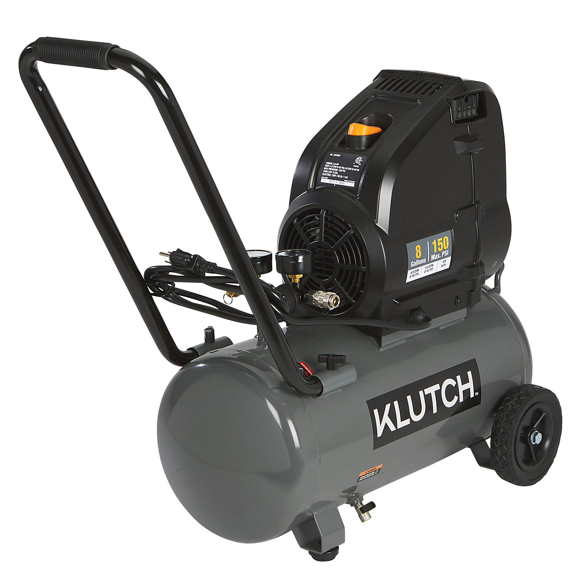 Klutch 2 HP Hot Dog Air Compressor, 8 Gallons, 120 Volts, 150 PSI ...