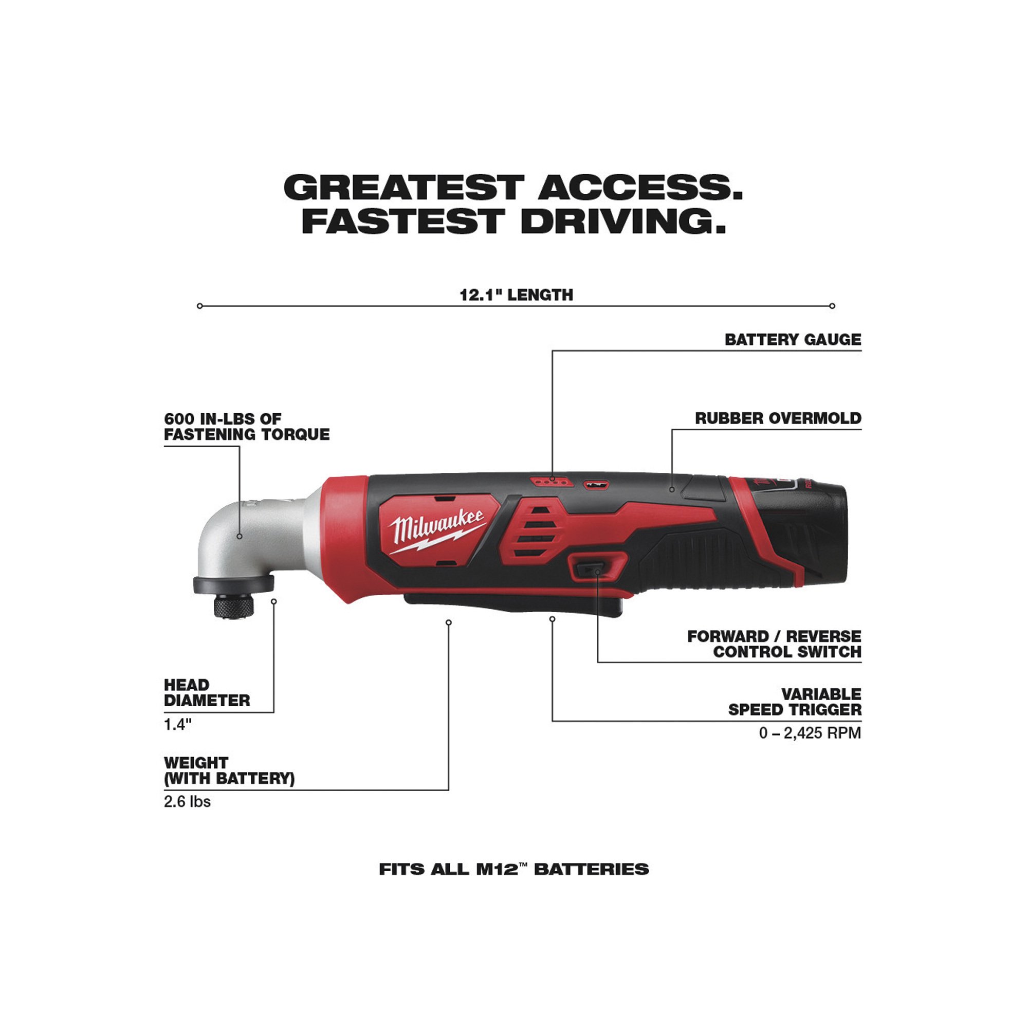 Milwaukee M12 1/4in. Hex Right Angle Impact Driver Kit — With 1 Battery ...