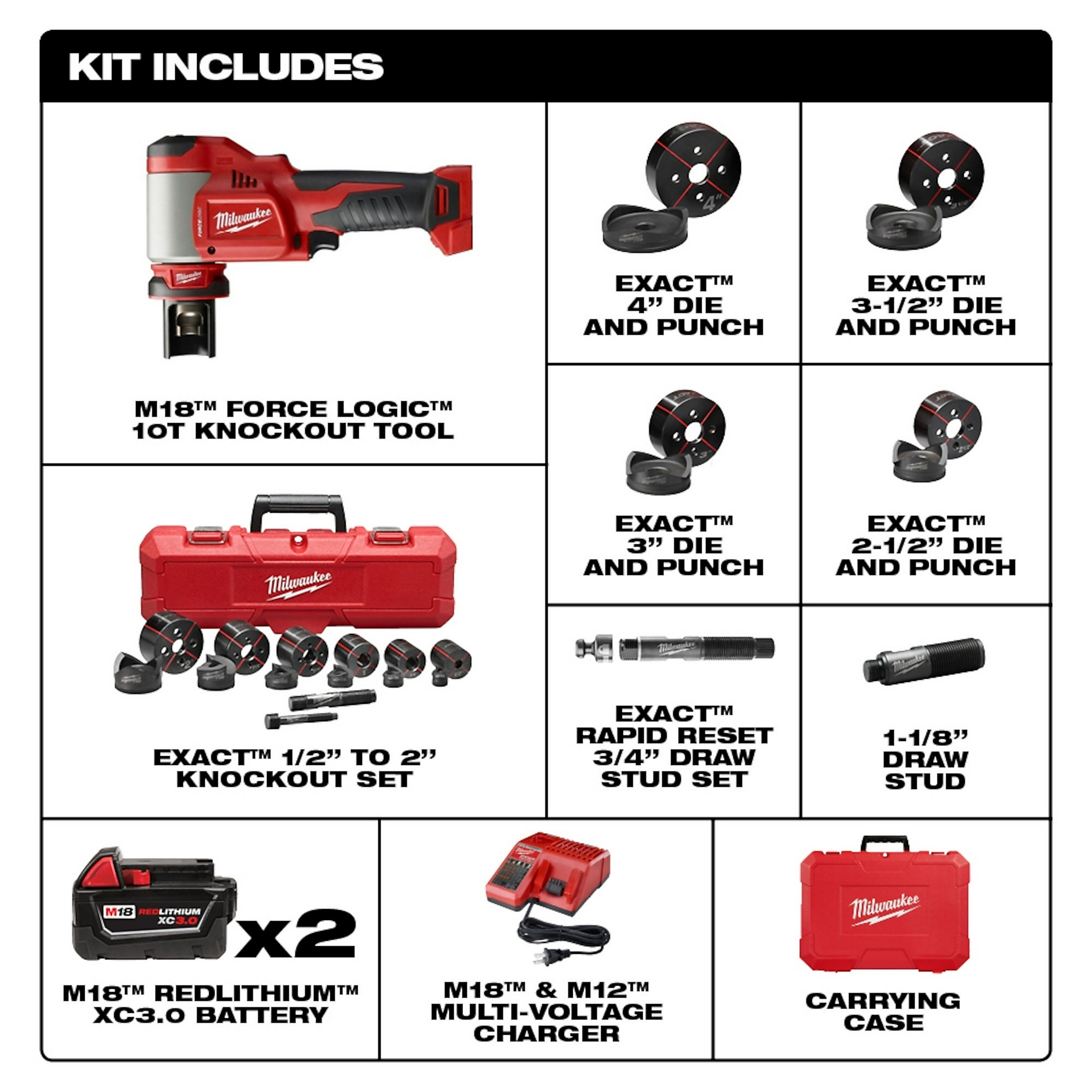 Milwaukee ForceLogic M18 Cordless 10-Ton Knockout Tool Kit, 1/2in.-4in ...