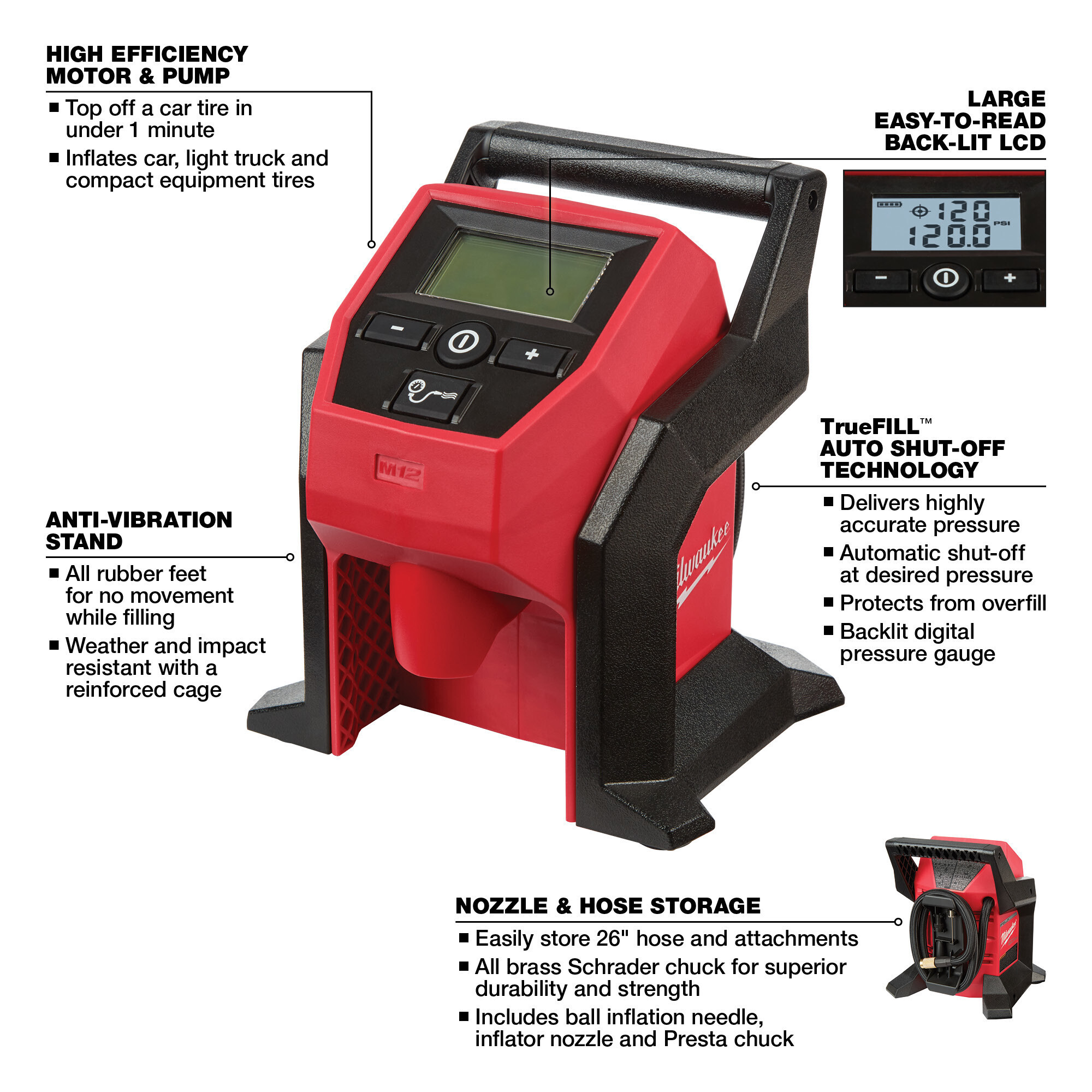 Milwaukee M12 Cordless Compact Tire Inflator, Model# 2475-20 | Northern Tool