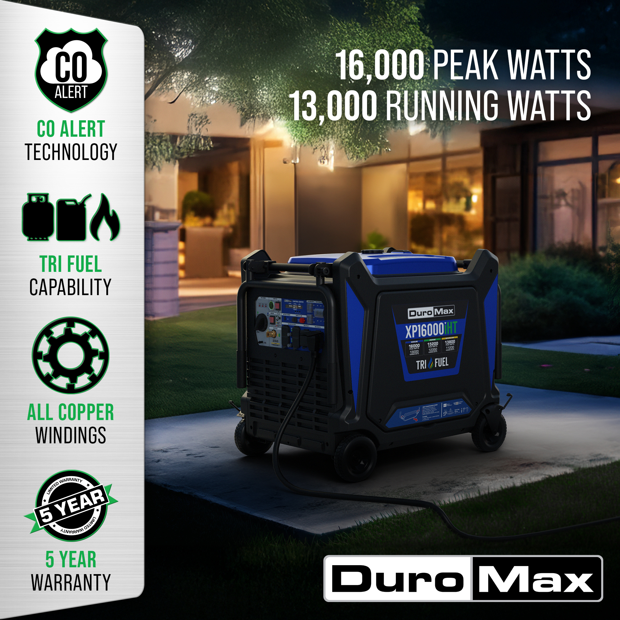 DuroMax, 16000 Tri Fuel Inverter Generator, Surge Watts 16000 Rated ...