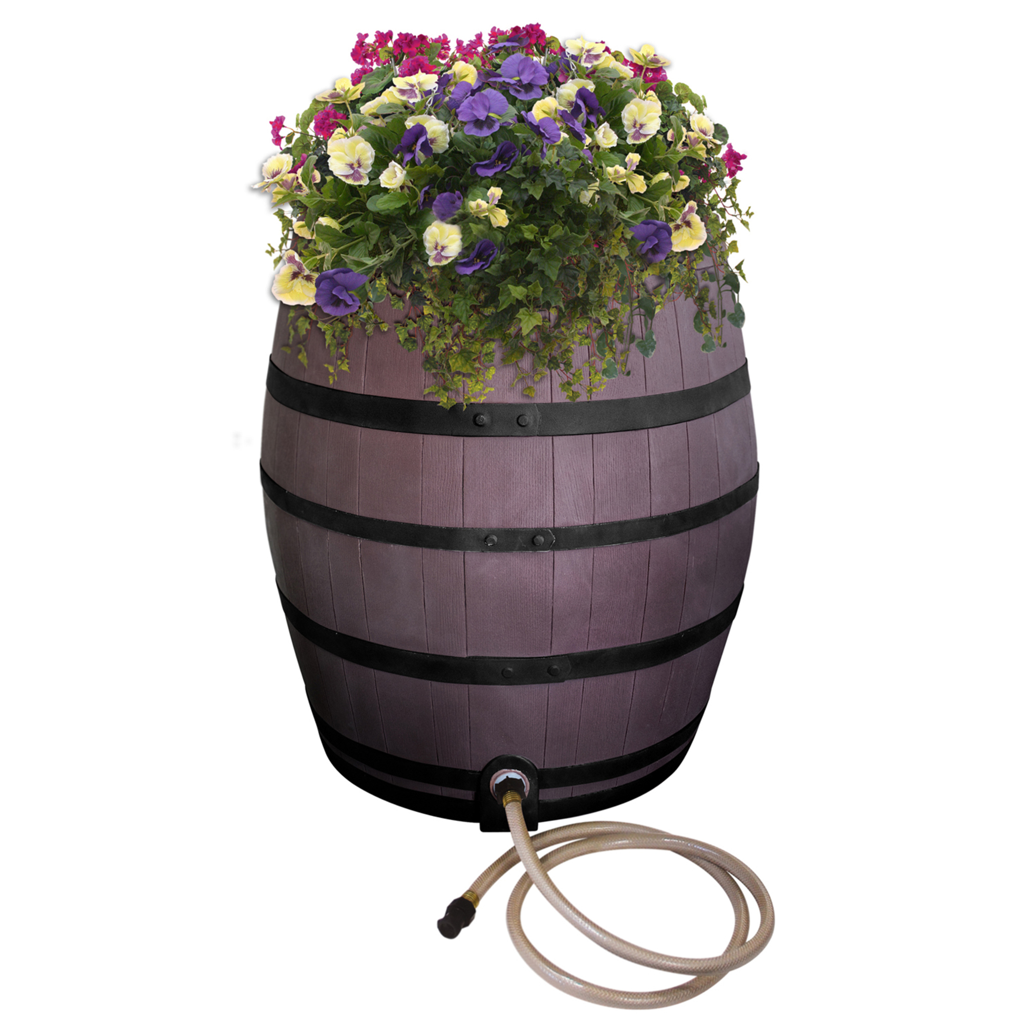 Emsco Group, 50gal Flatback Whiskey Rain Barrel w/Blk Bands-Brn, Capacity 50 Gal, Material ...
