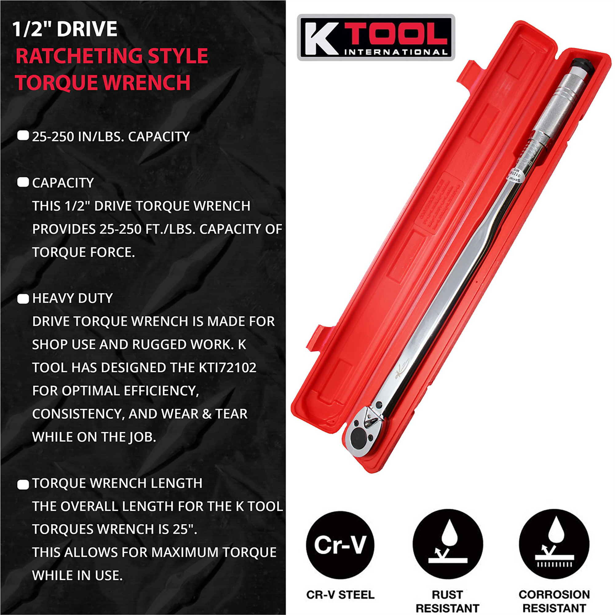 K-Tool International, Torque Wrench 1/2in. Dr 50-250ft./lbs., Model ...