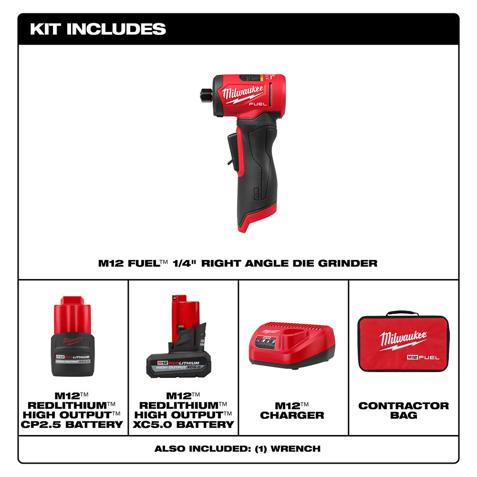 Milwaukee M12 FUEL 1/4in. Right Angle Die Grinder Kit, 3in. Wheel Dia ...