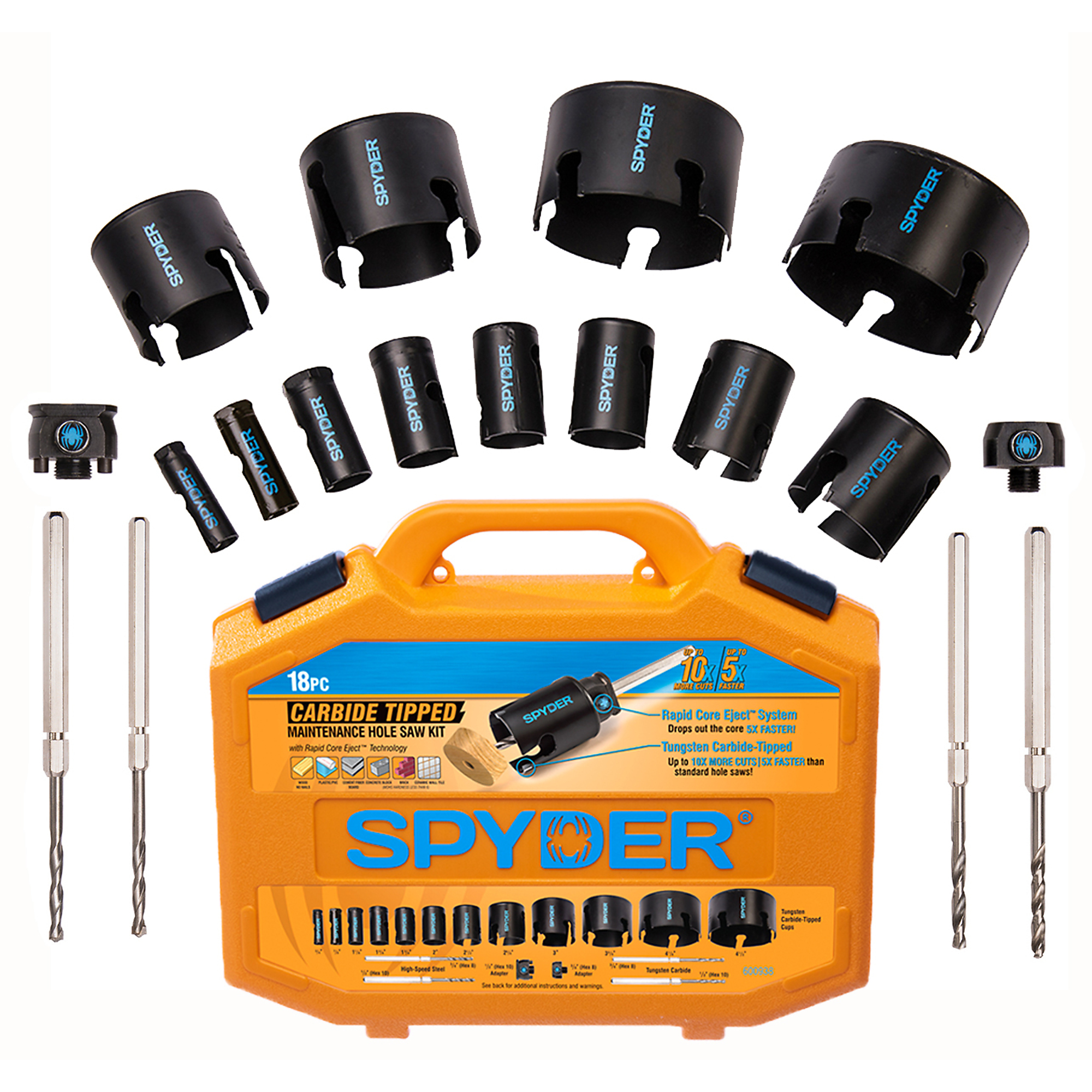 SPYDER Rapid Core Eject™ Tungsten Carbide, 18-Piece TCT Hole Saw Kit ...