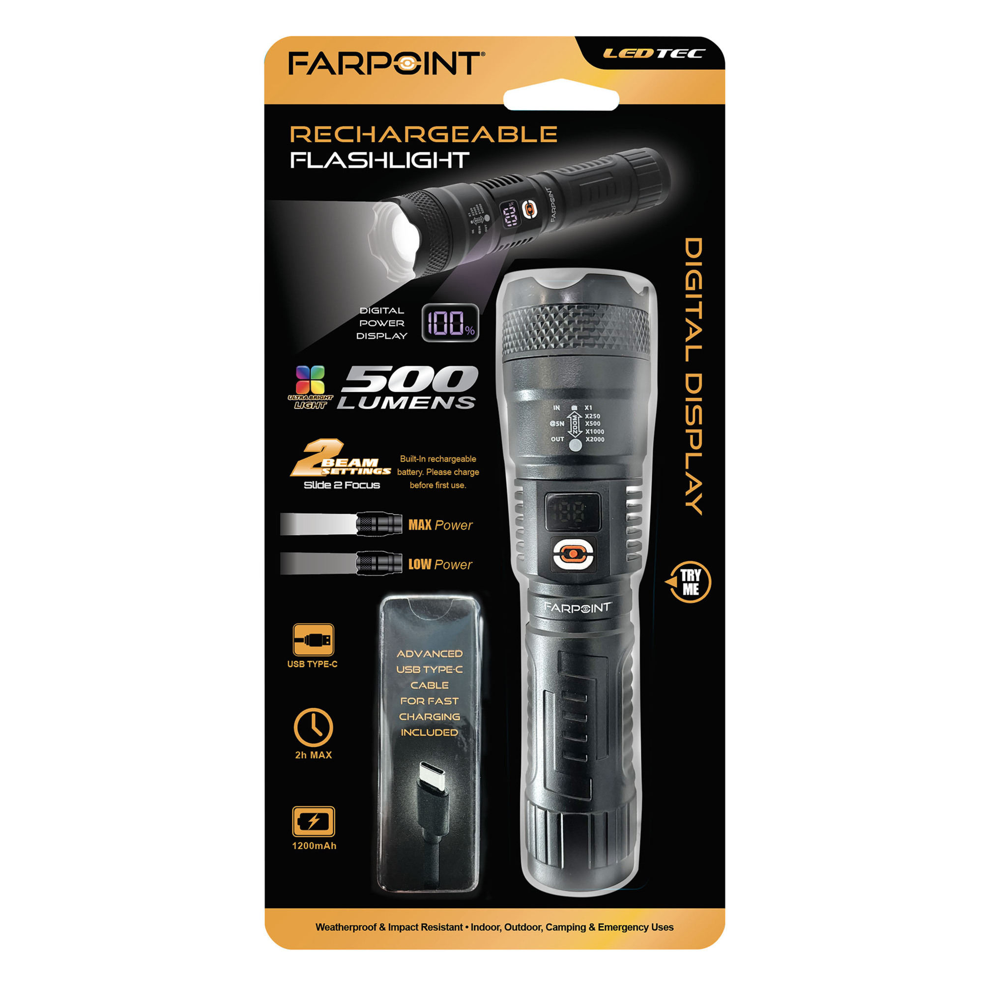 FarPoint Rechargeable Flashlight with Digital Display, Model #55012 ...