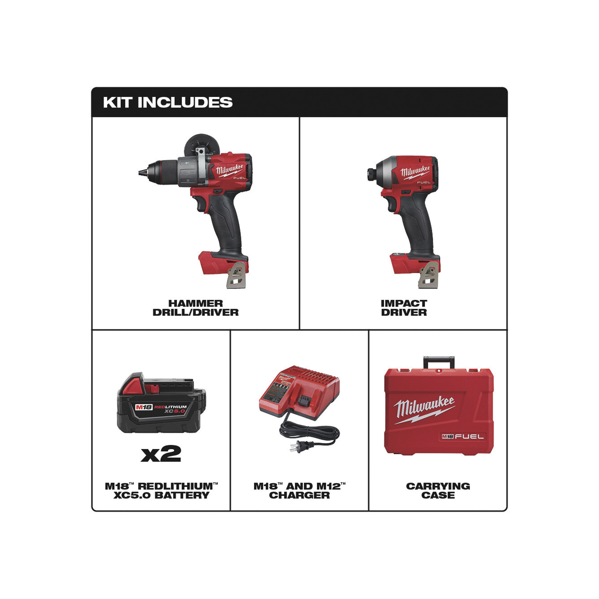 Milwaukee M18 Fuel Li Ion Cordless Power Tool Set — 1 2in Hammer Drill
