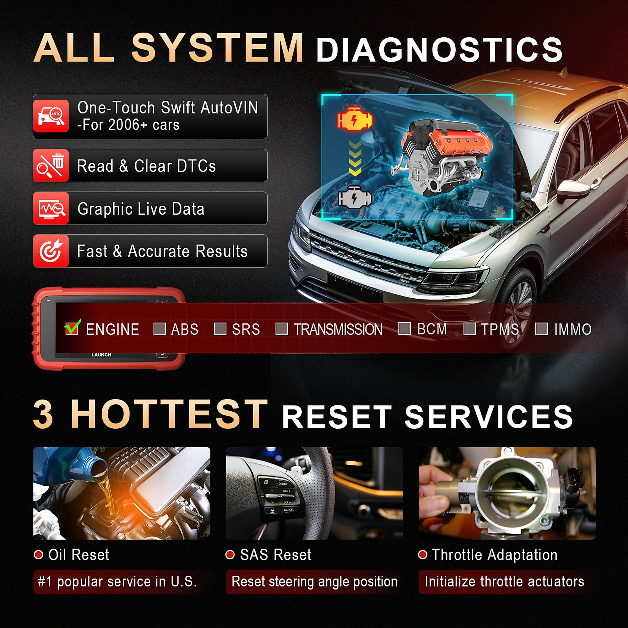 OBD2 Diagnostic Scanner - Full System Auto VIN, Oil Reset, SAS/Throttle ...