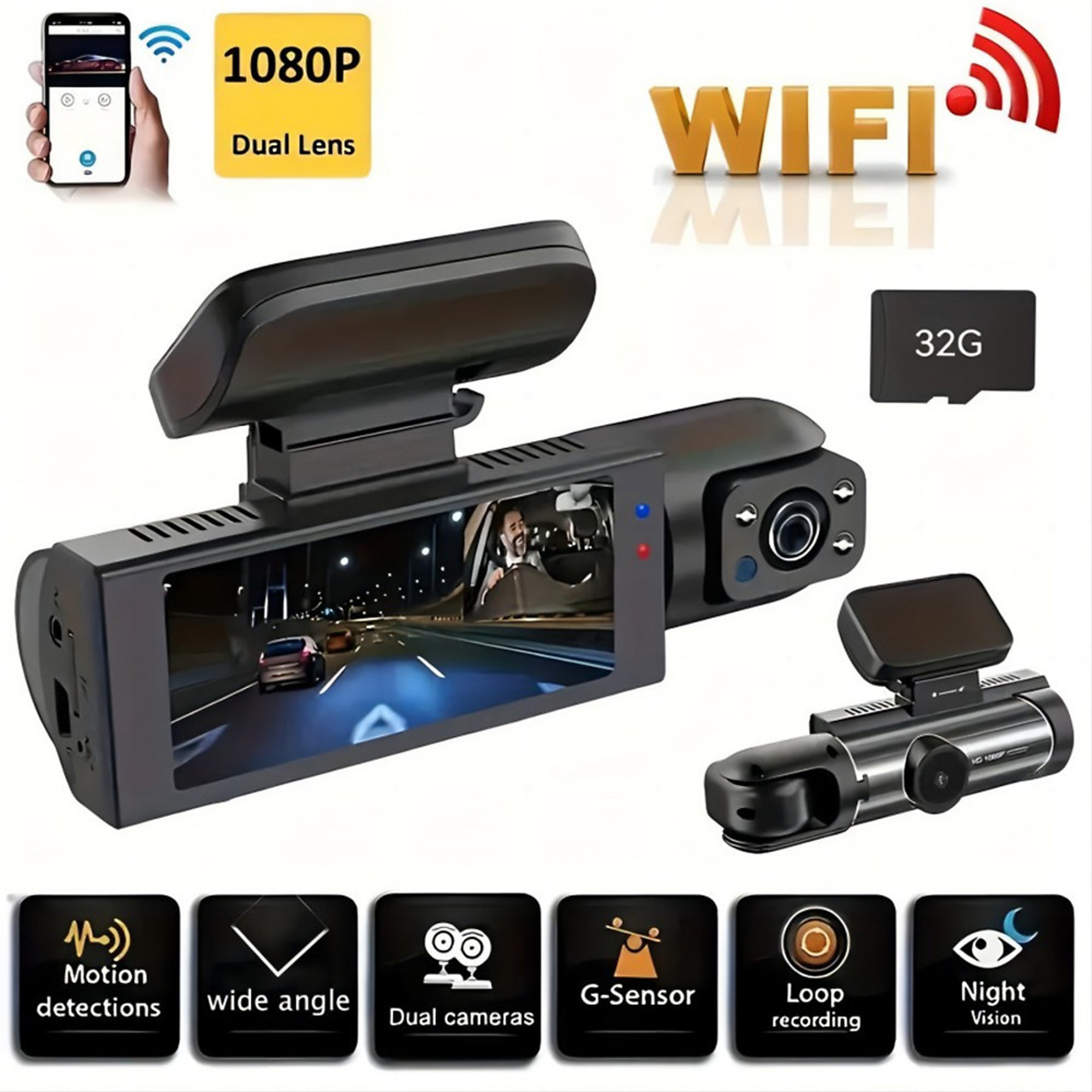 2K HD WiFi Dash Cam with Front & Inside Cameras – Night Vision, WDR, G ...