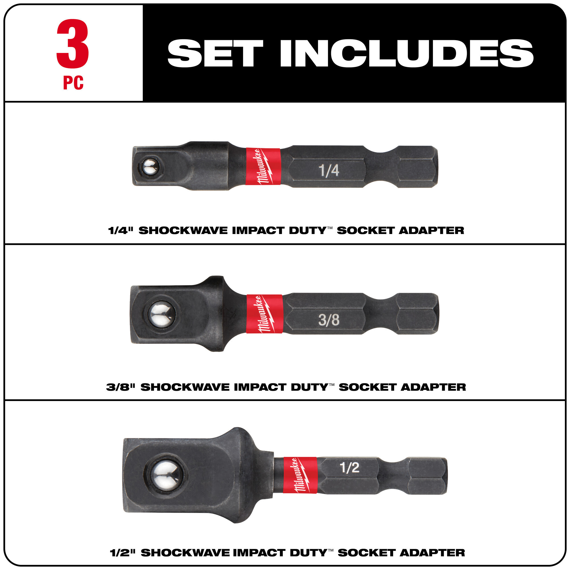 Milwaukee Shockwave Impact Duty Socket Adapter Set, 3-Pc., Model# 48-32 ...