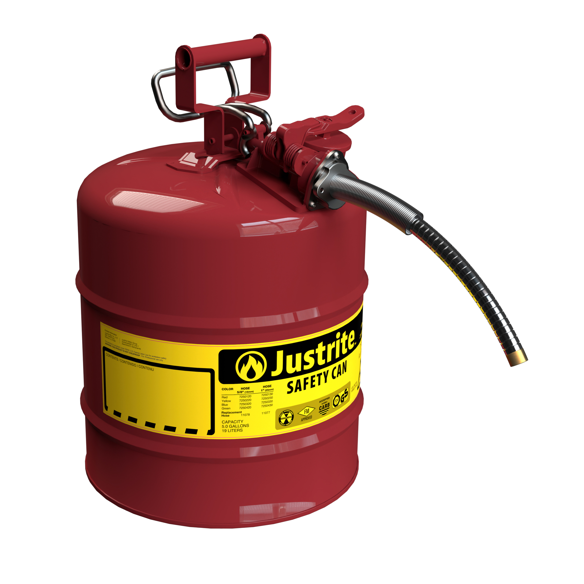 Justrite 5 Gallon, 5/8\" Metal Hose, Steel Safety Can for Flammables, Type II, AccuFlow, Red ...