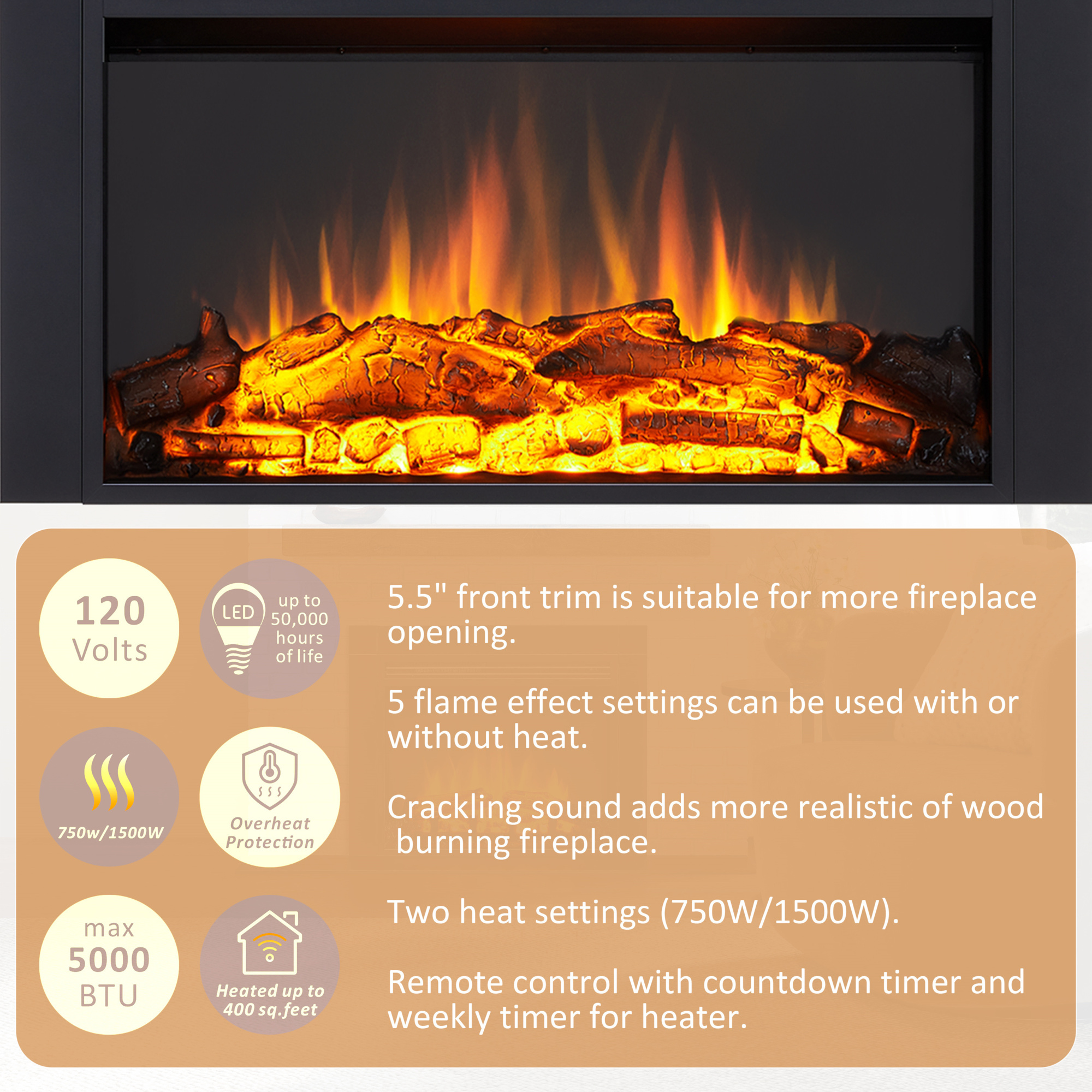 EdenDirect Electric Fireplace Insert — 36in., Remote Control ...