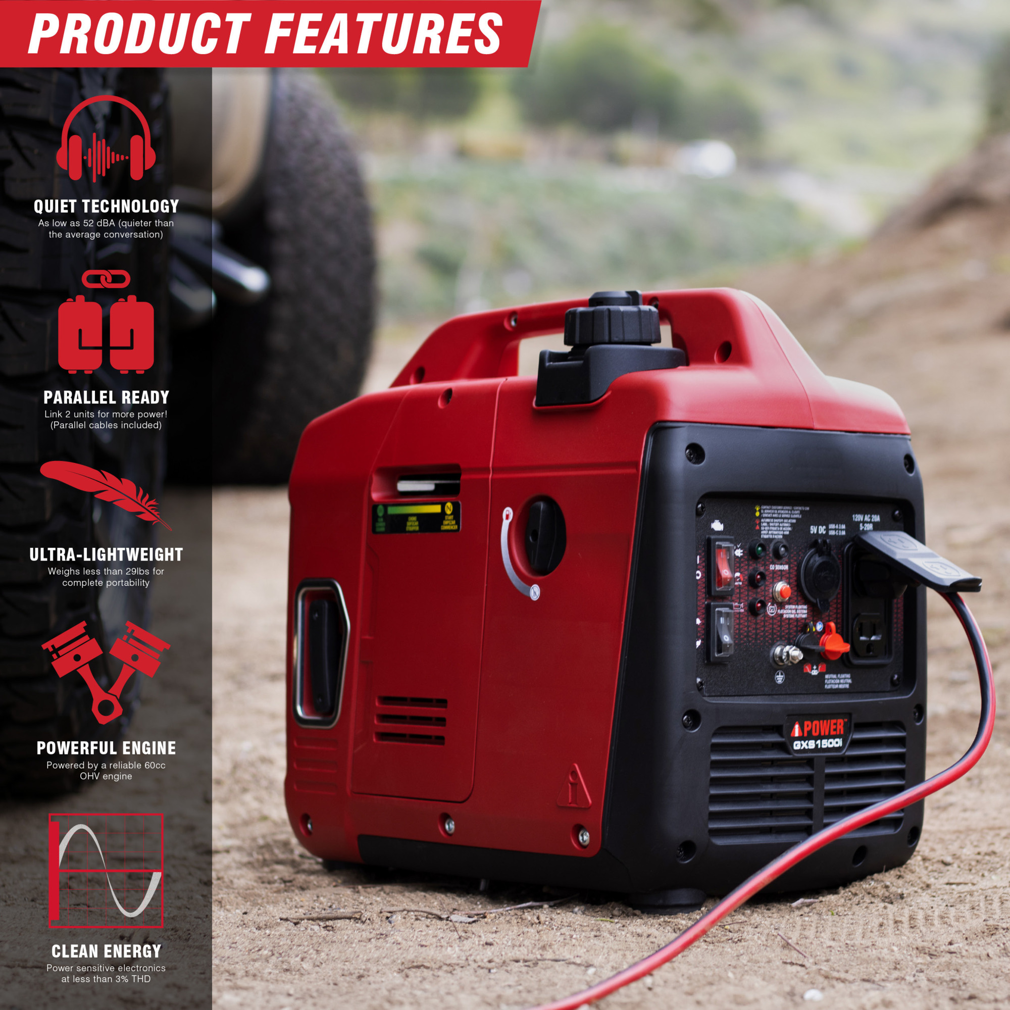 A-iPower Gas-Powered Portable Inverter Generator, 60cc OHV Engine, CO ...
