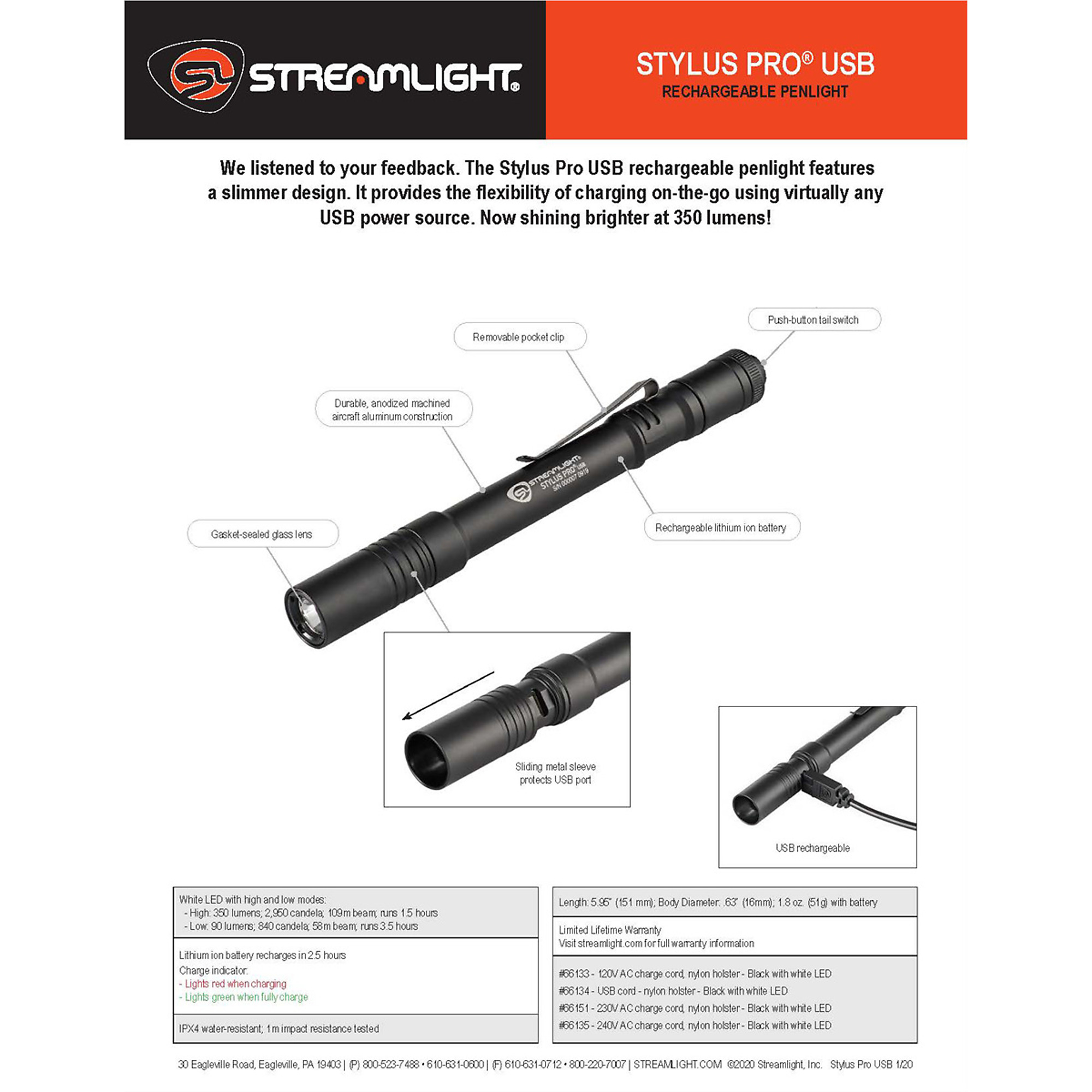 Streamlight Stylus Pro USB LED 350 Lumen Penlight with USB Charge Cord ...