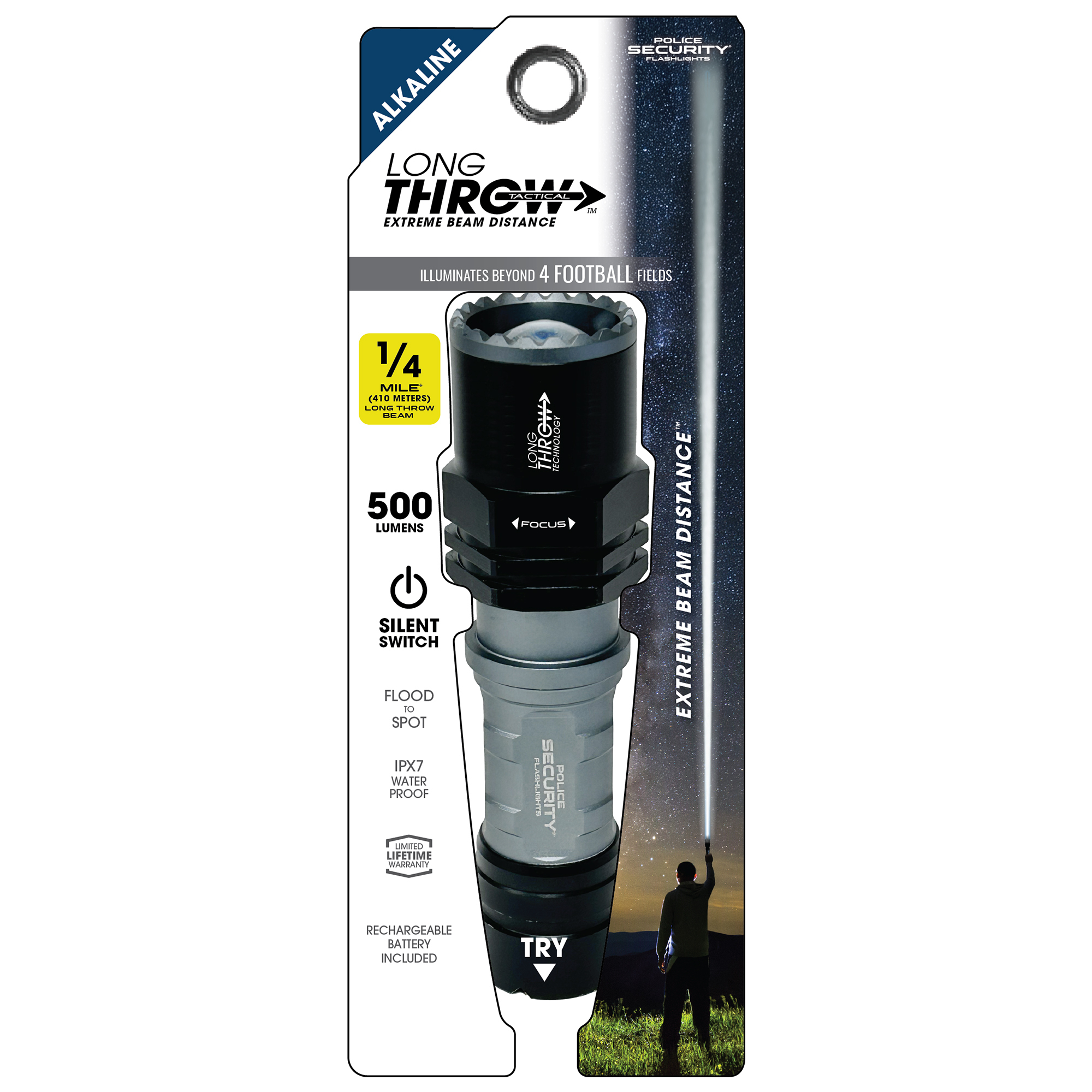 Police Security Long Throw Flashlight, 1/4-Mile Beam, 500 Lumens, 3AAA ...