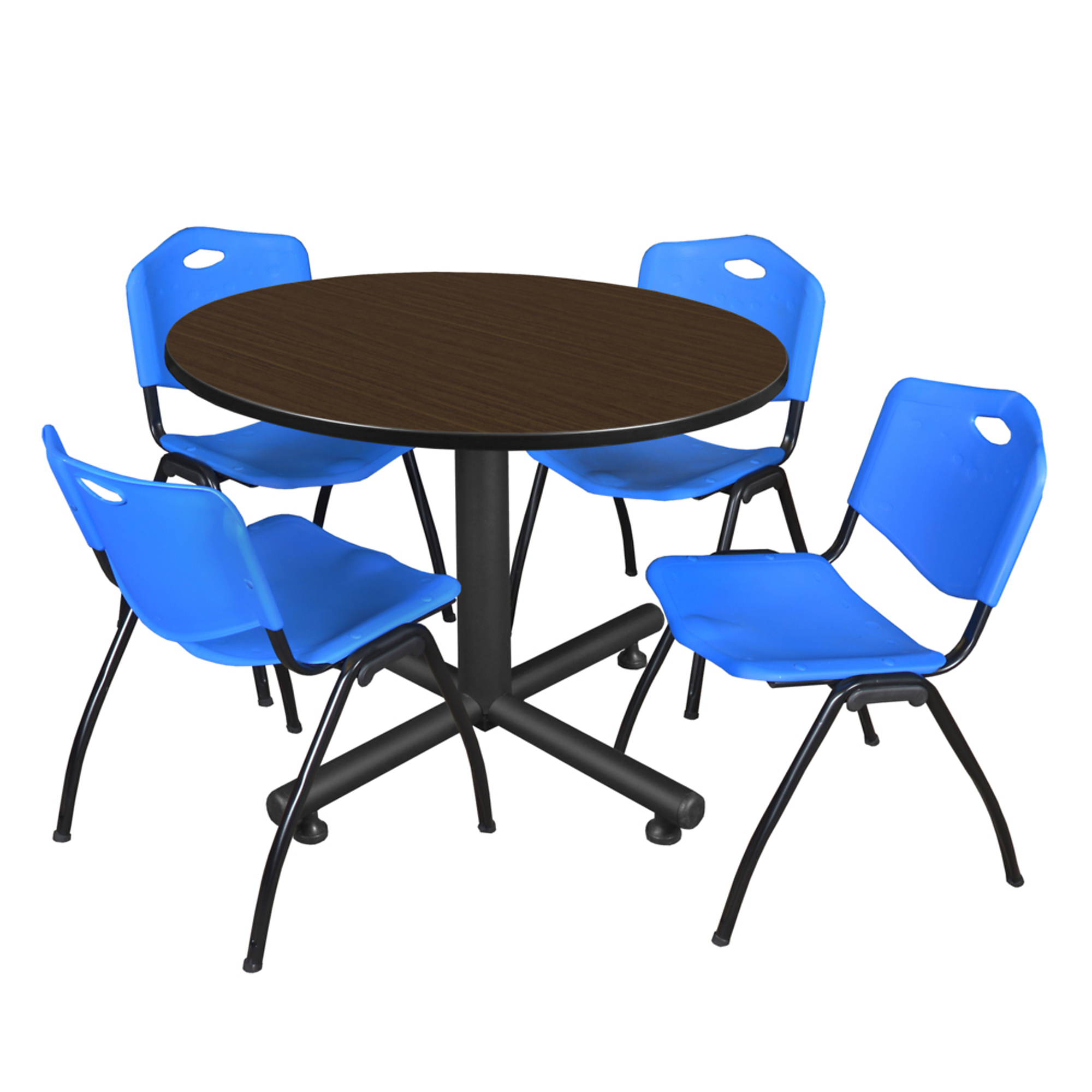 Kobe 48\" Round Breakroom Table- Neo Walnut & 4 'M' Stack Chairs- Blue ...