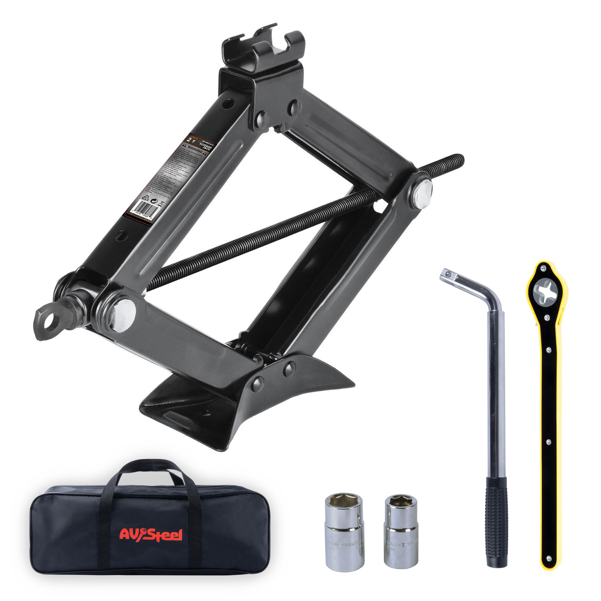 AV Steel 2 Ton Scissor Jack Kit with Ratcheting Handle and Sockets ...