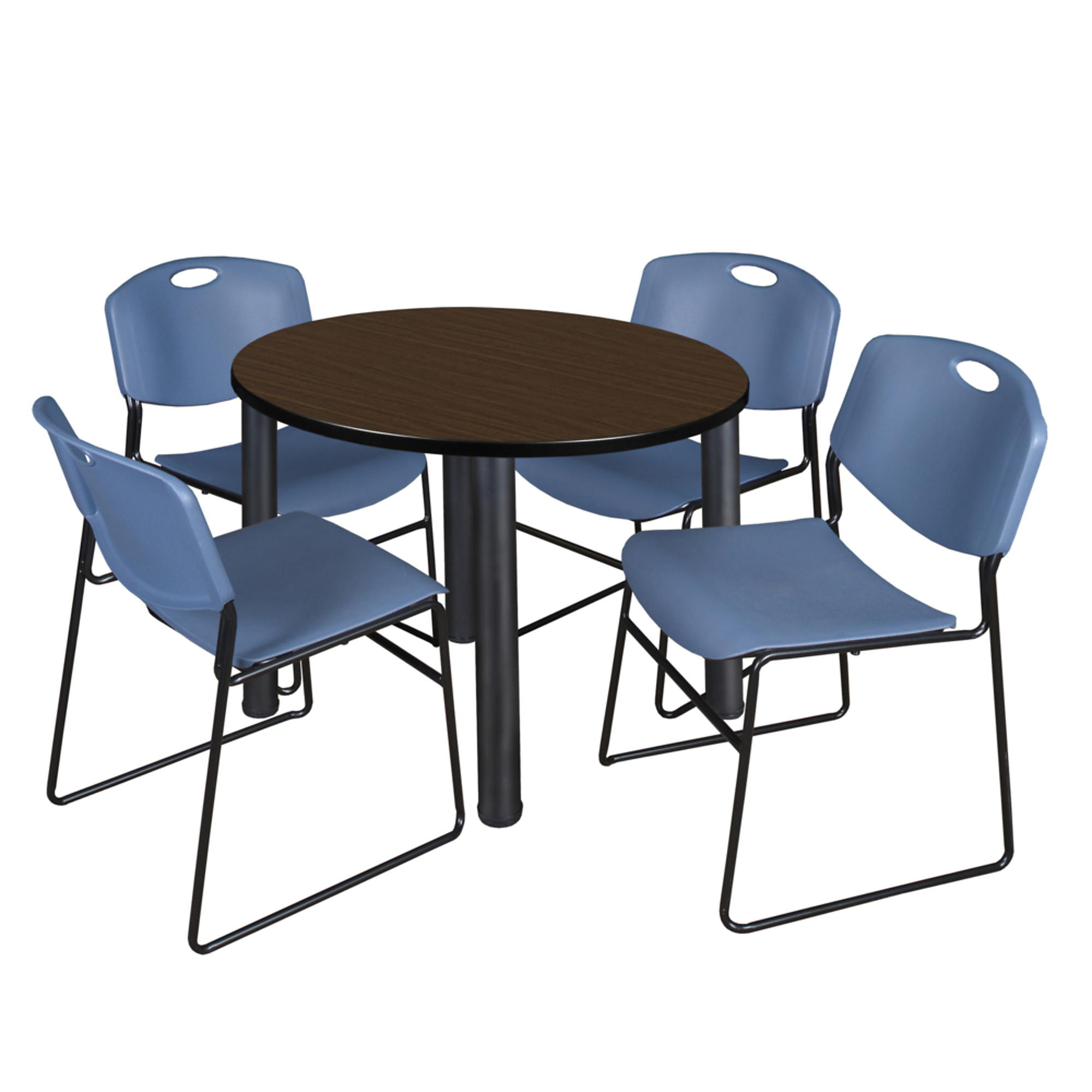 Kee 36\" Round Breakroom Table- Neo Walnut/ Black & 4 Zeng Stack Chairs ...