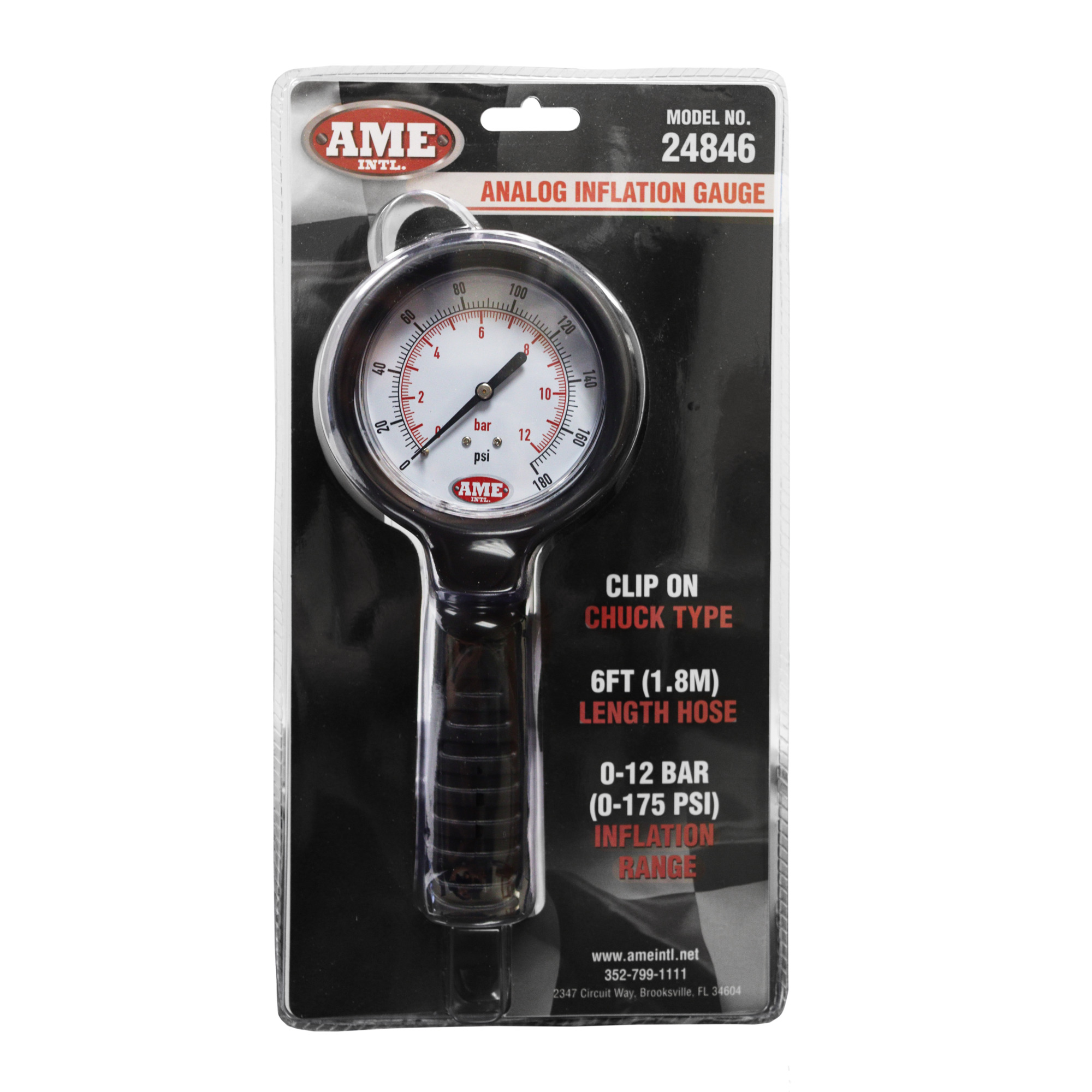 AME 24846 Analog Inflation Gauge — 6ft. Hose, Clip-On Chuck, 0–175 PSI Range, 3-in-1 Inflate ...