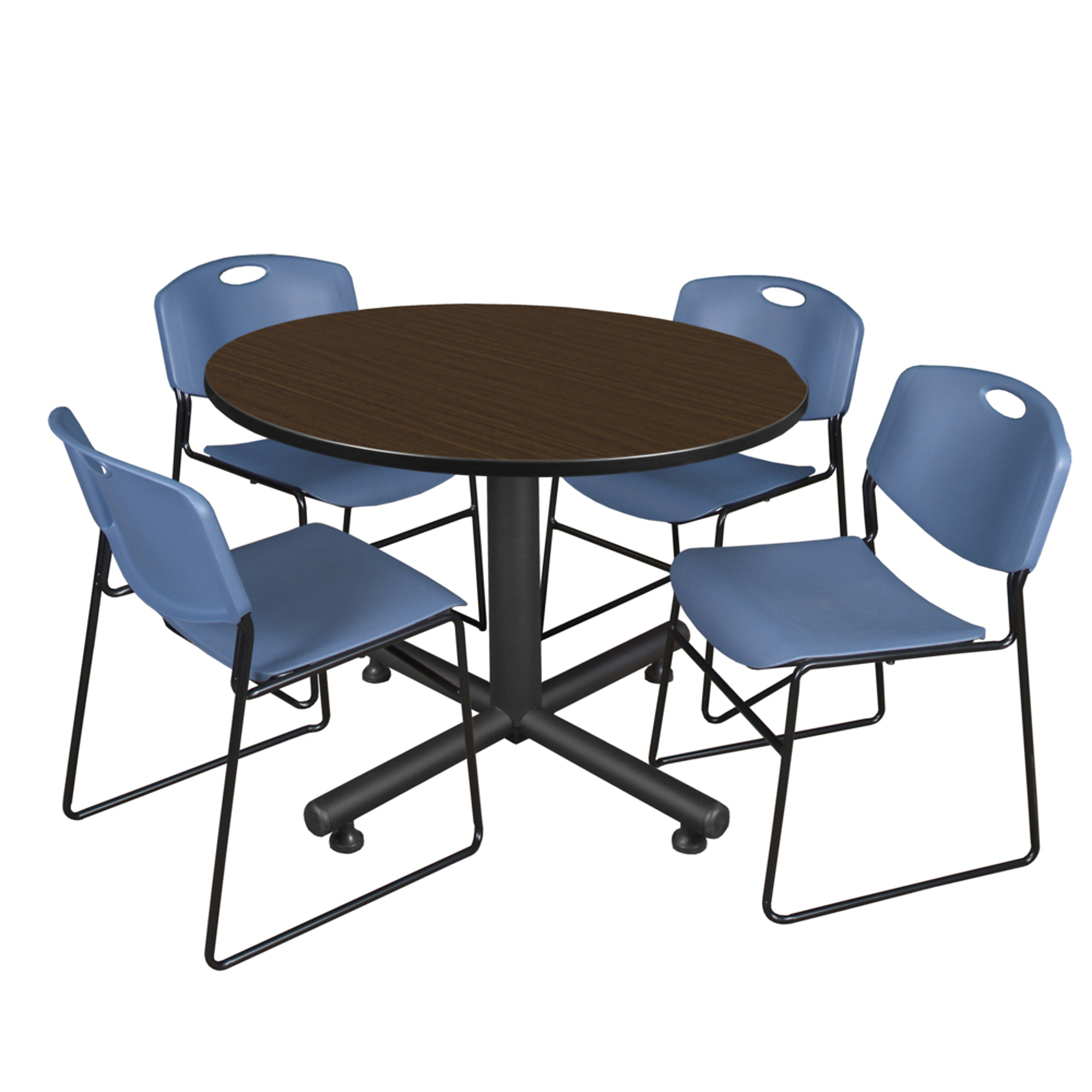 Kobe 48\" Round Breakroom Table- Neo Walnut & 4 Zeng Stack Chairs- Blue ...