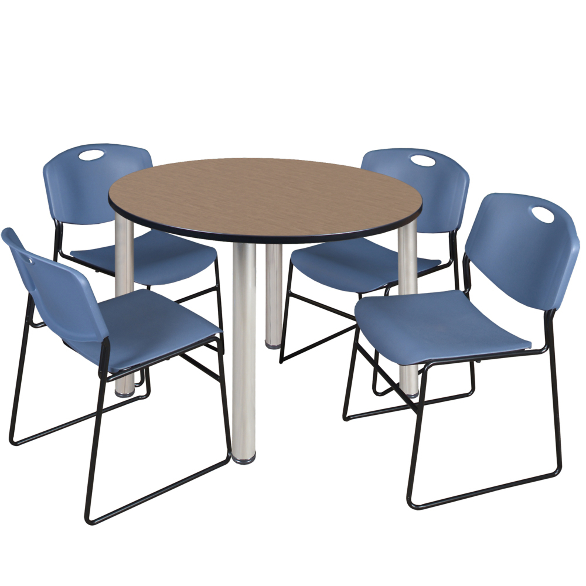 Kee 42\" Round Breakroom Table- Noble Oak/ Chrome & 4 Zeng Stack Chairs ...